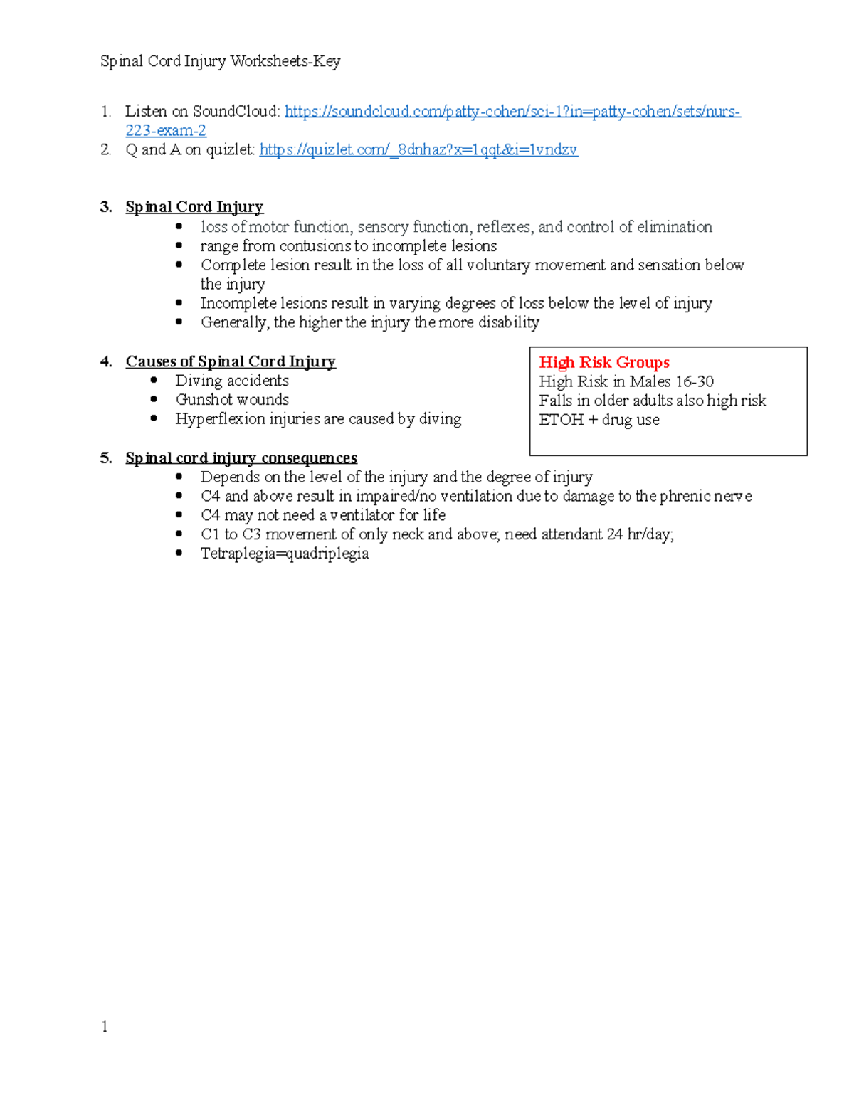 Spinal Cord Injury: Causes Consequences and Treatment - Studocu