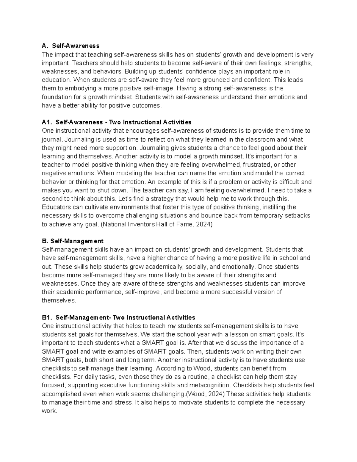 TASK 4 Teaching Social AND Emotional Skills - A. Self-Awareness The ...