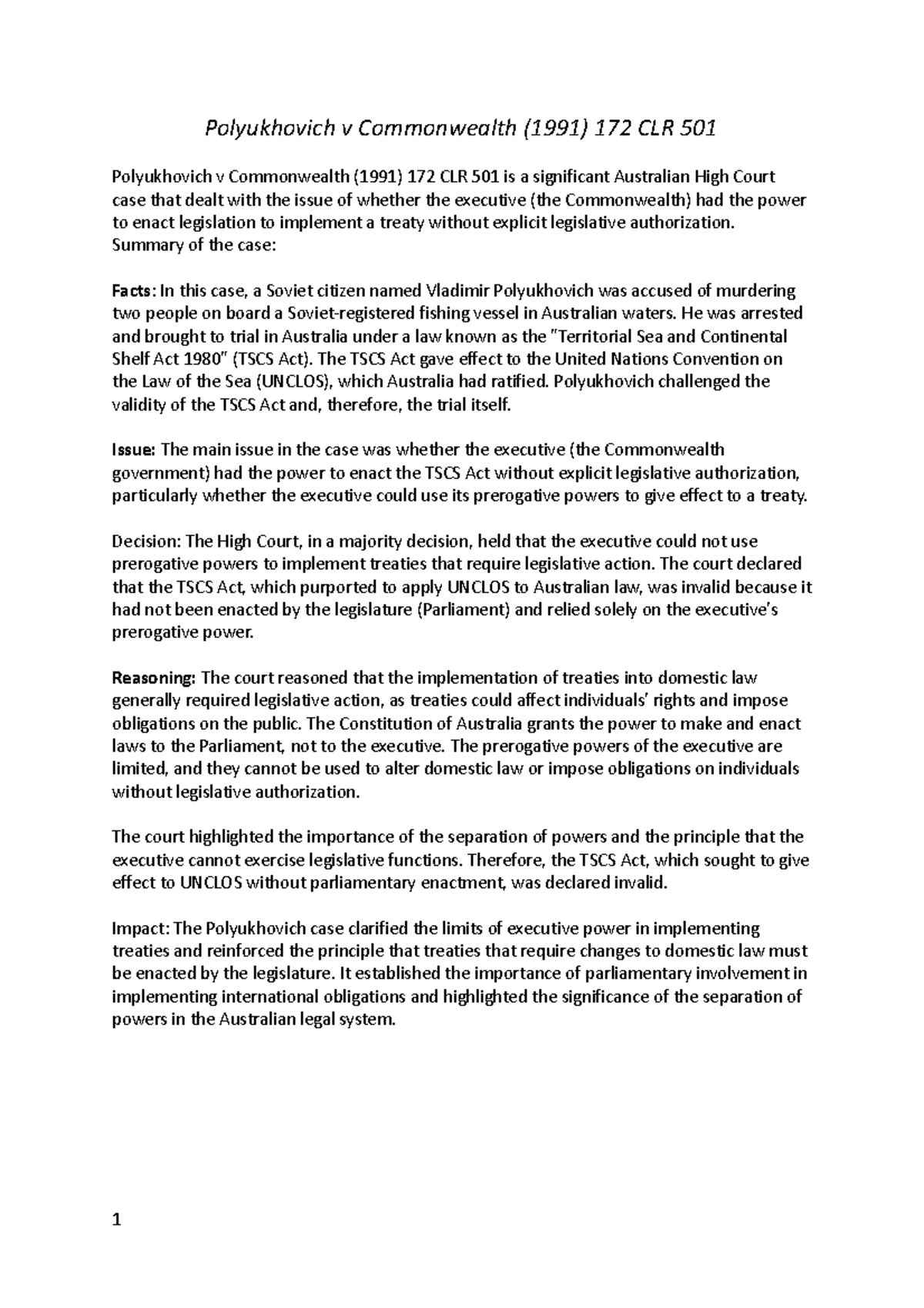 Constitutional Law cases - Polyukhovich v Commonwealth (1991) 172 CLR 501 Polyukhovich v - Studocu
