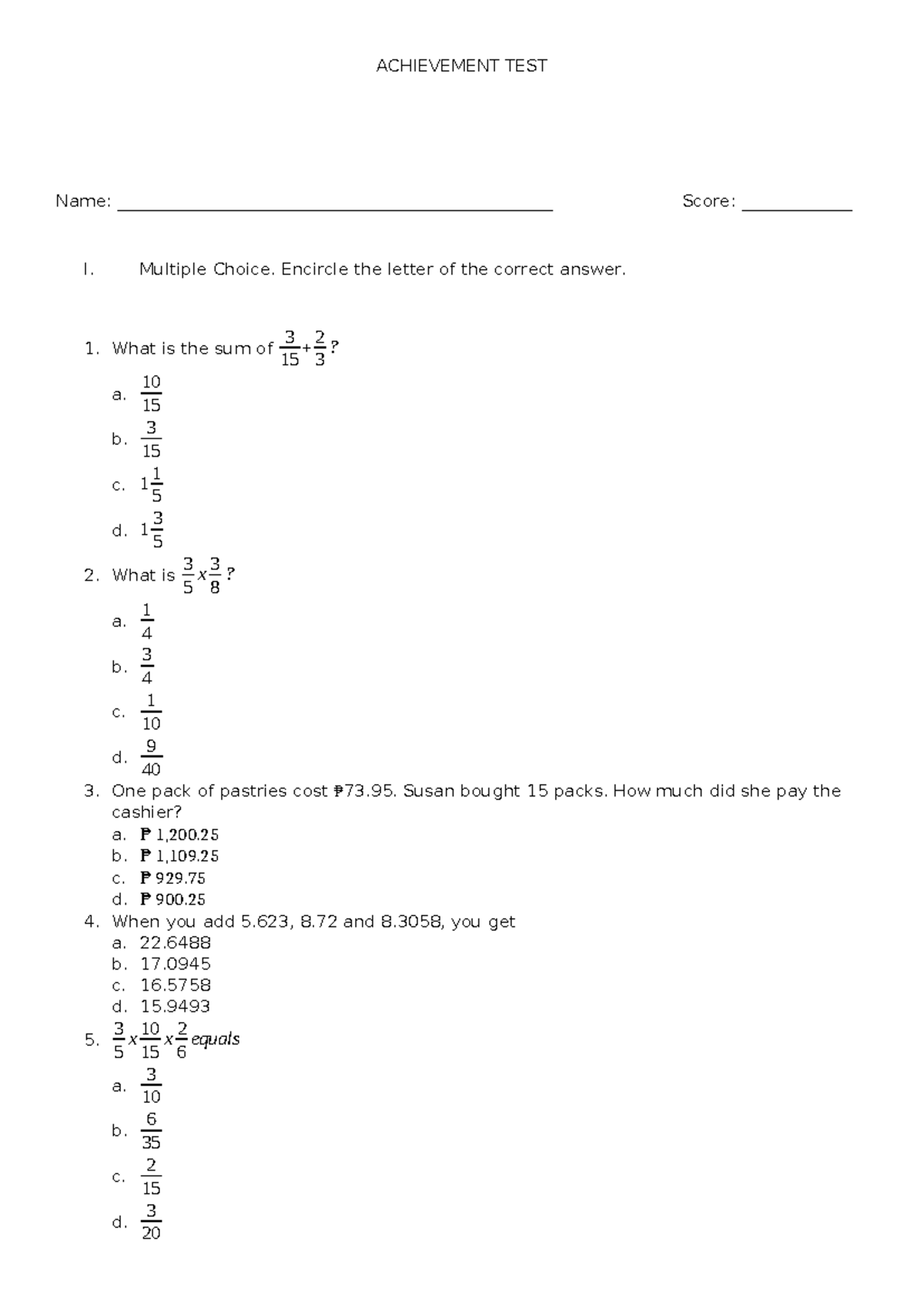 Math 6 - Achievement Test for Math 6 - ACHIEVEMENT TEST Name: - Studocu