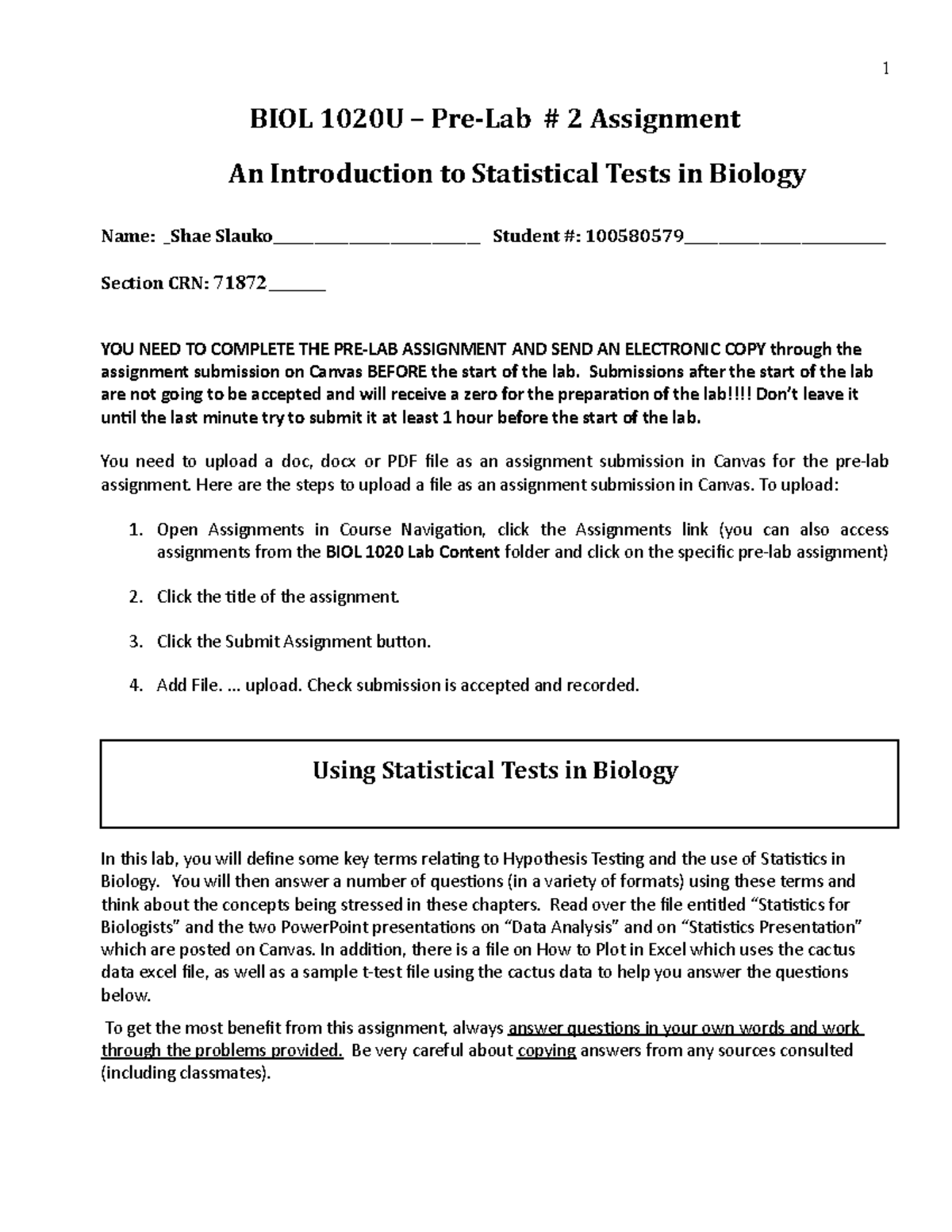 Lab 2 Pre-lab Assignment - BIOL 1020U – Pre-Lab # 2 Assignment An ...