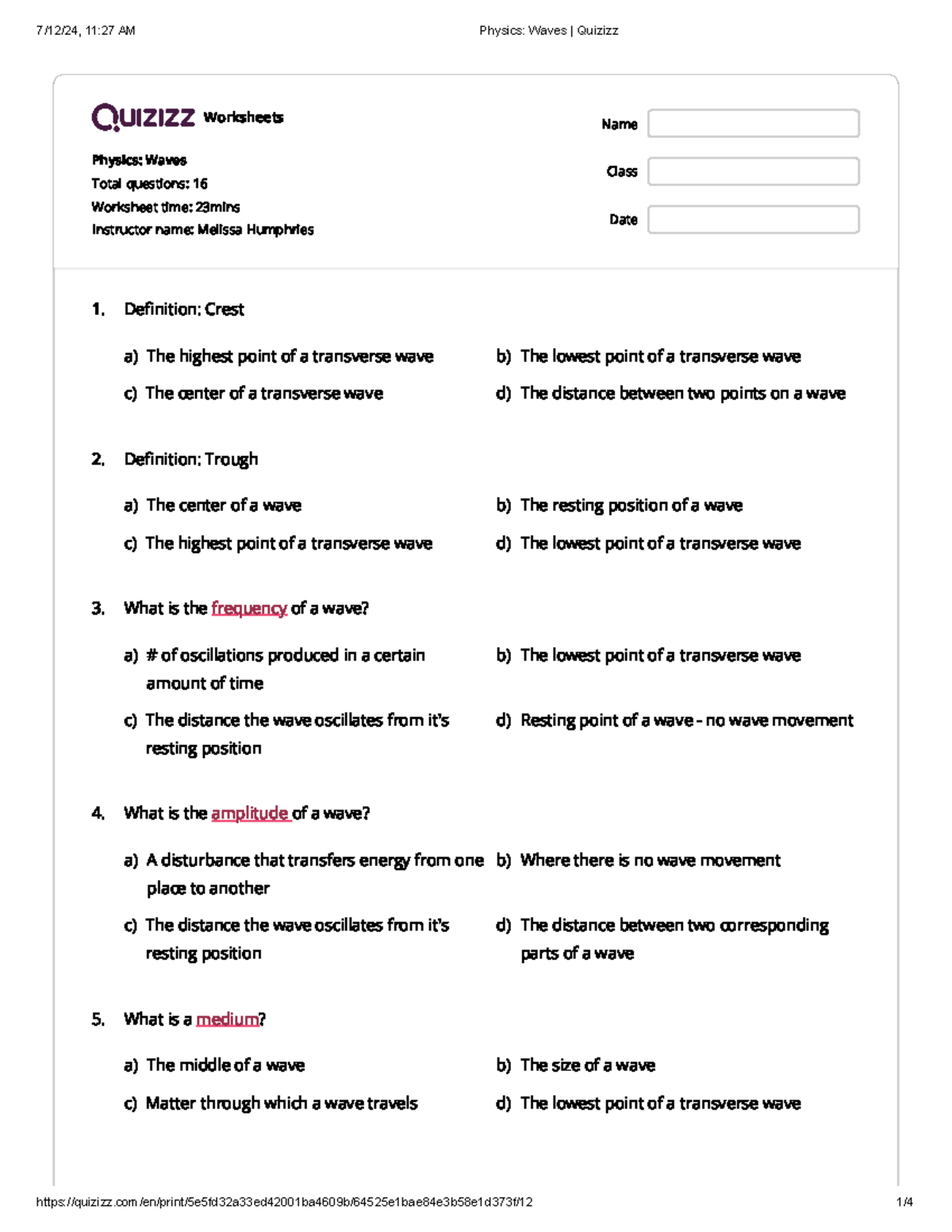 Quizizz - Physics Waves - Worksheets Physics: Waves Total questions: 16 ...