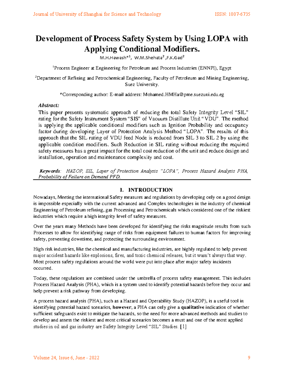 Development of Process Safety System by Using LOPA with Applying Conditional Modifiers - M.H* 1 ...