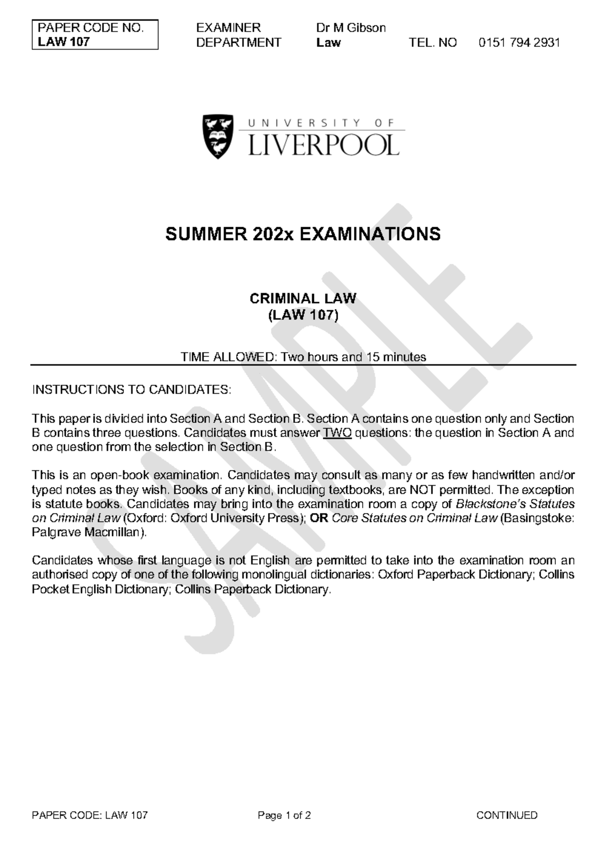 Sample examination - SUMMER 202x EXAMINATIONS CRIMINAL LAW (LAW 107 ...