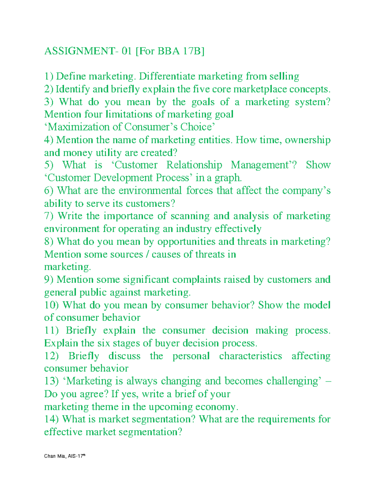 Marketing assignment B-section - ASSIGNMENT- 01 [For BBA 17B] 1) Define ...