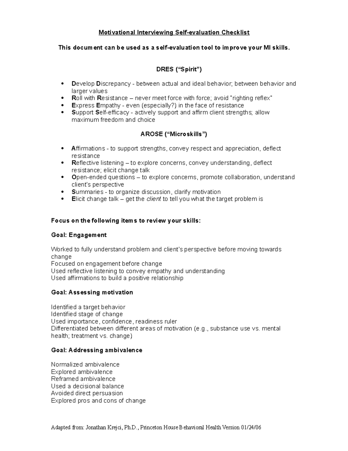 MI - Self-evaluation checklist - Motivational Interviewing Self ...