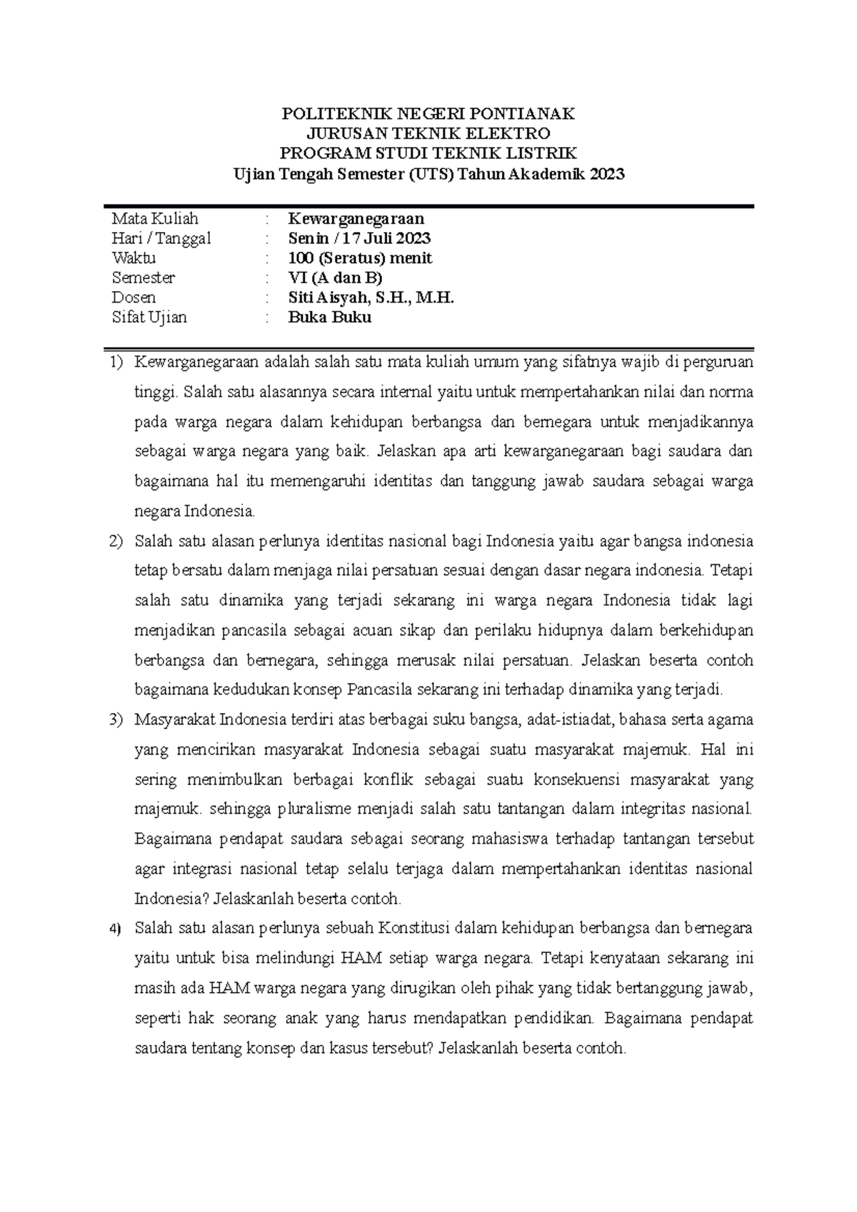 UTS KWN Listrik - SOAL UTS KWN - POLITEKNIK NEGERI PONTIANAK JURUSAN TEKNIK ELEKTRO PROGRAM ...