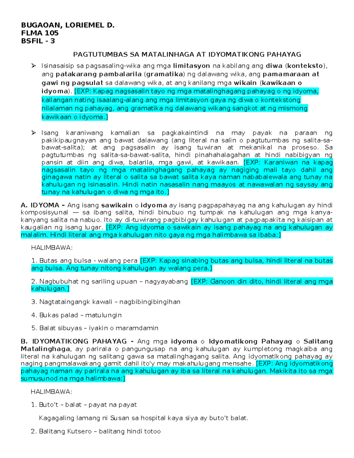 537324560 Pagtutumbas SA Matalinhaga AT Idyomatikong Pahayag - BUGAOAN ...