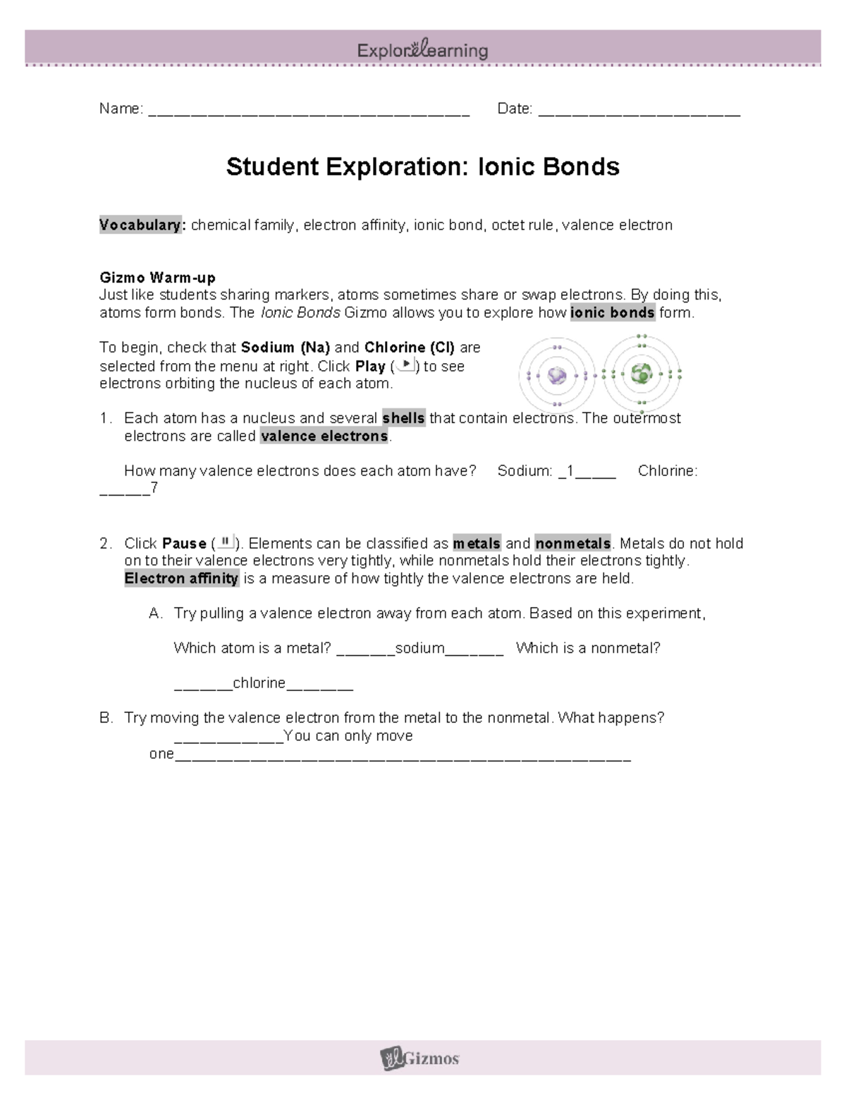 5 Ionic Bonds Gizmo - Name: ______________________________________ Date ...