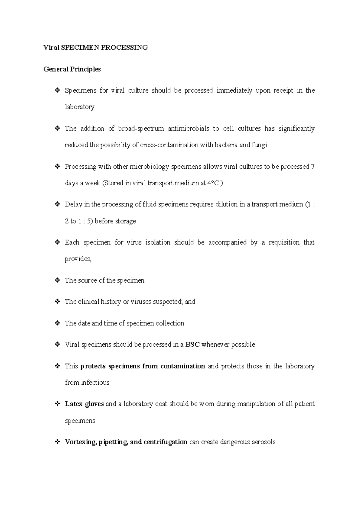Viral Specimen processing - Viral SPECIMEN PROCESSING General ...