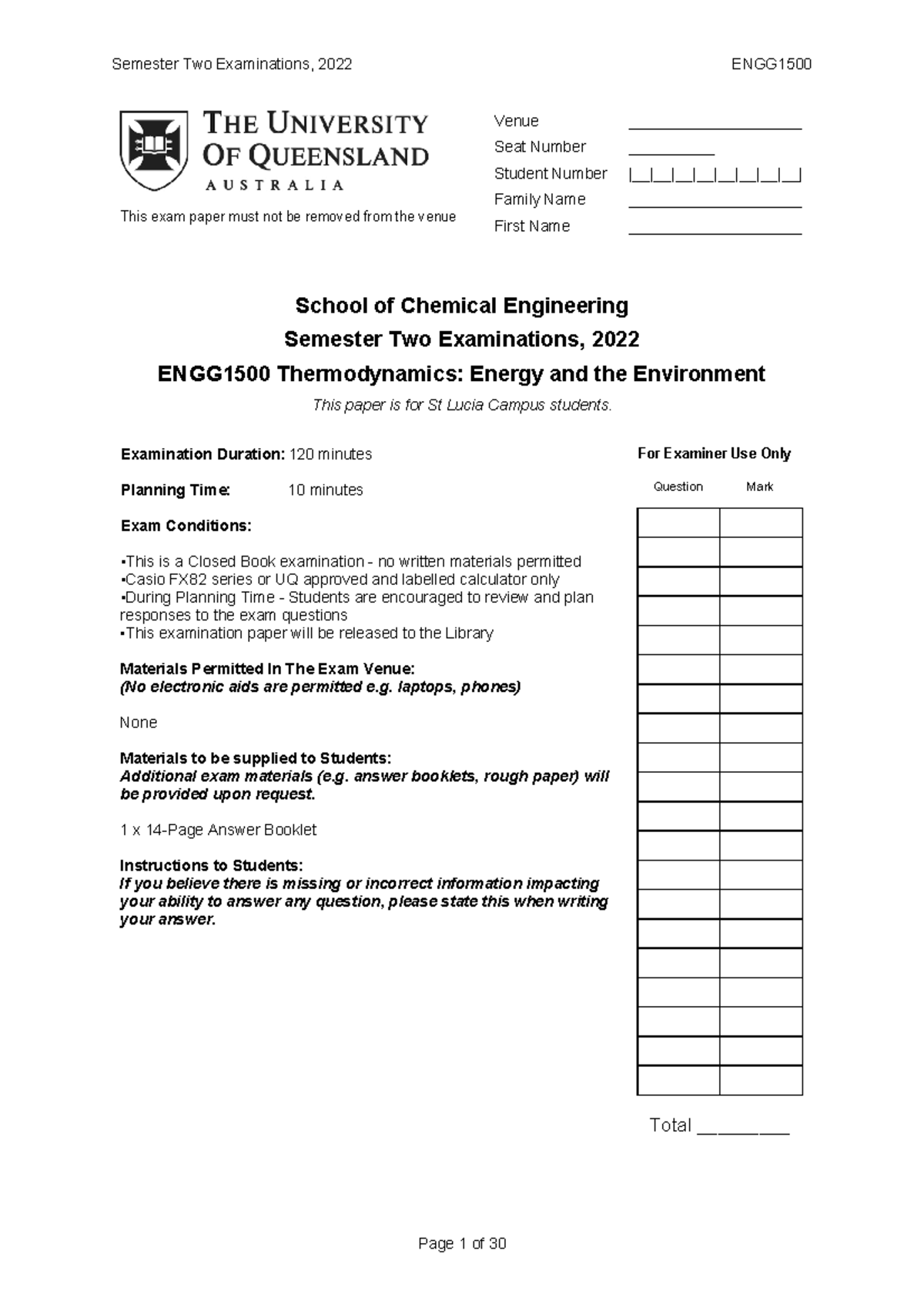 Semester Two Final Examinations 2022 ENGG1500 - Semester Two ...