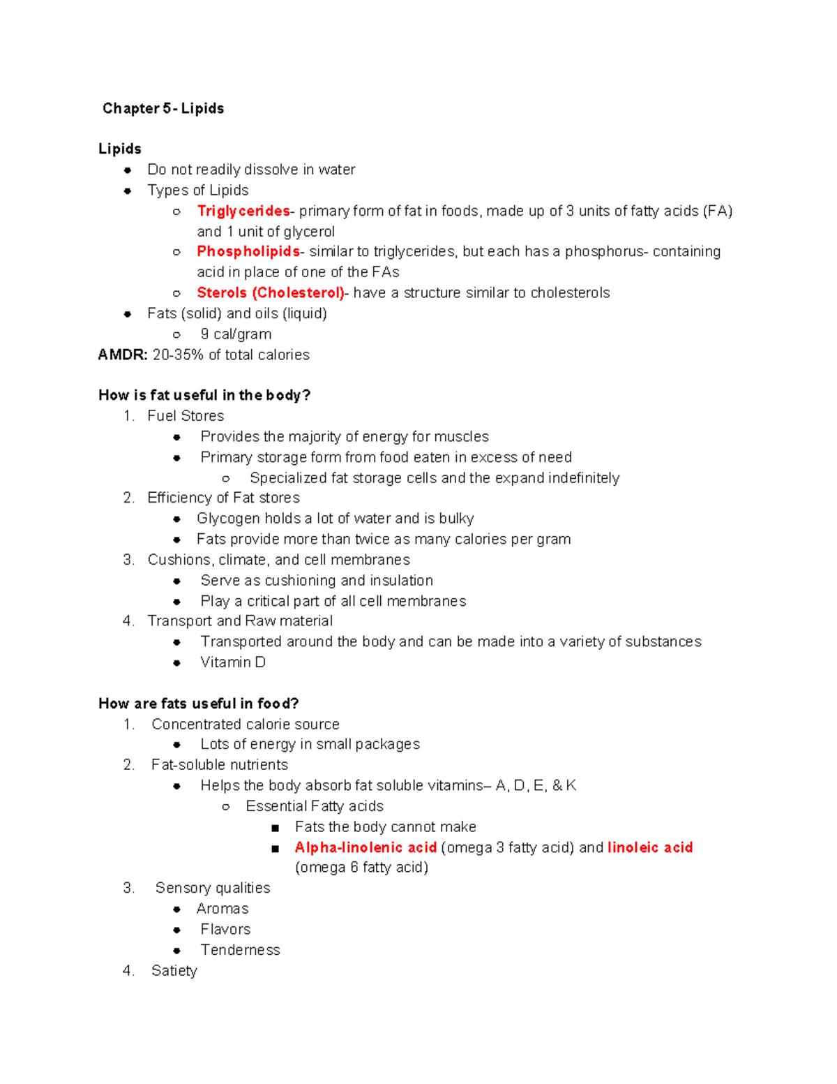 Nutrition Chapter 5 - Lecture notes 1 - Chapter 5- Lipids Lipids Do not ...