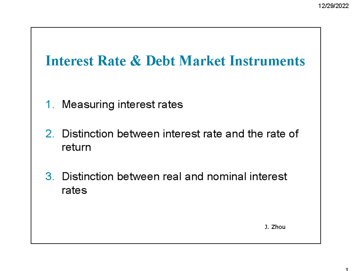 Econ2301 Lecture Note 2 - Interest Rate & Debt Market Instruments 1 ...