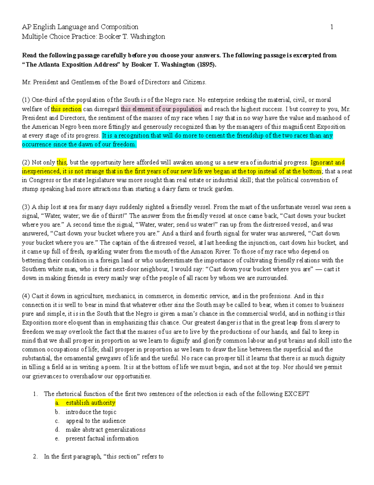 KEY MC Practice Booker T. Washington - AP English Language and ...