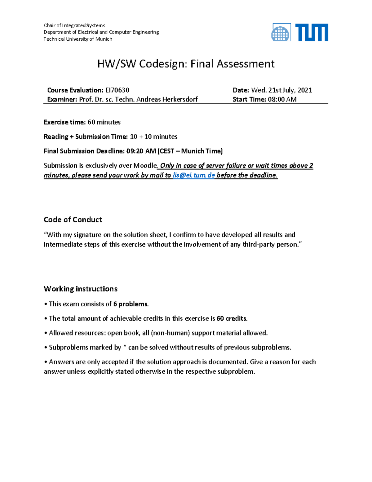 Exam SS21 Solution - Department of Electrical and Computer Engineering Technical University of ...