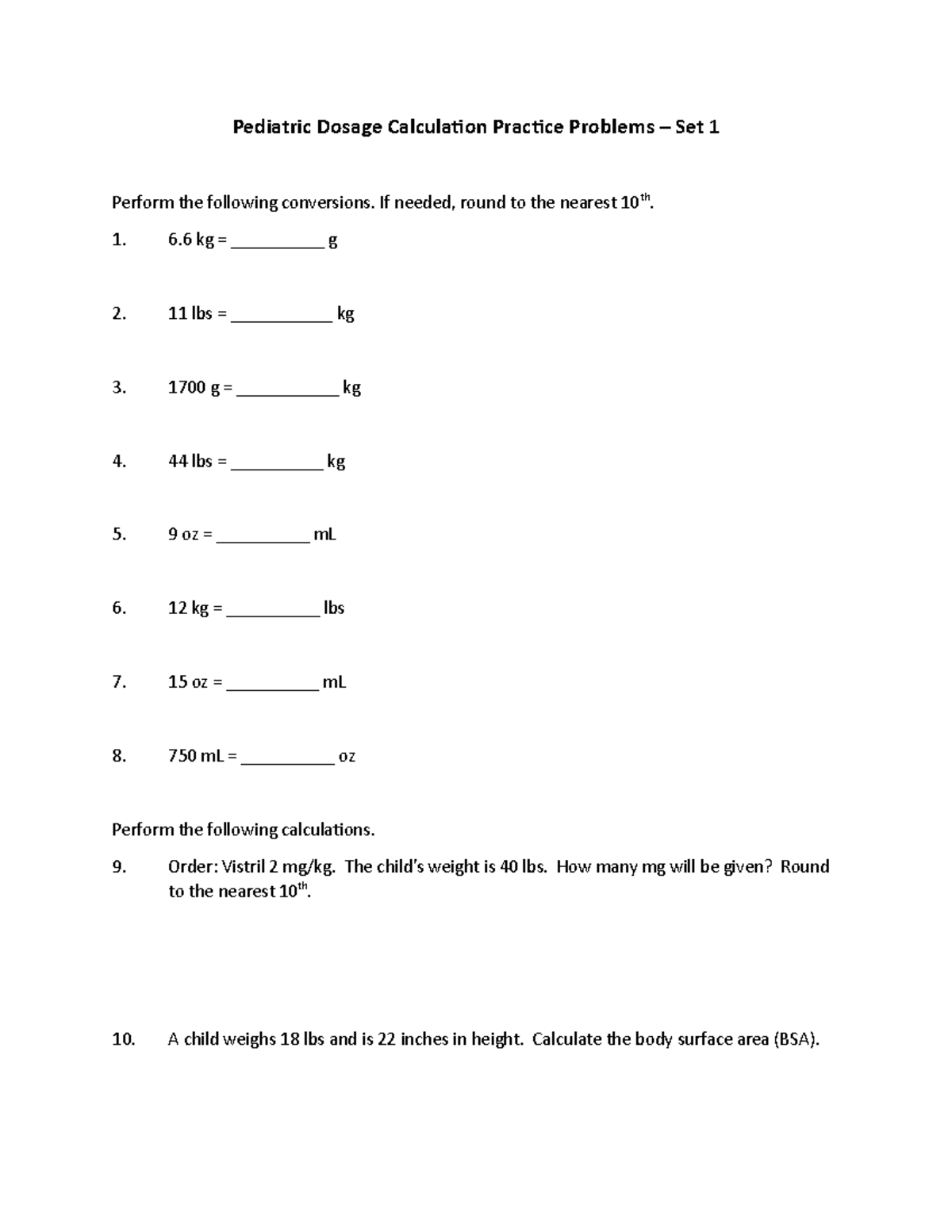 Practice problems set 1- spring 2022 - Pediatric Dosage Calculation ...