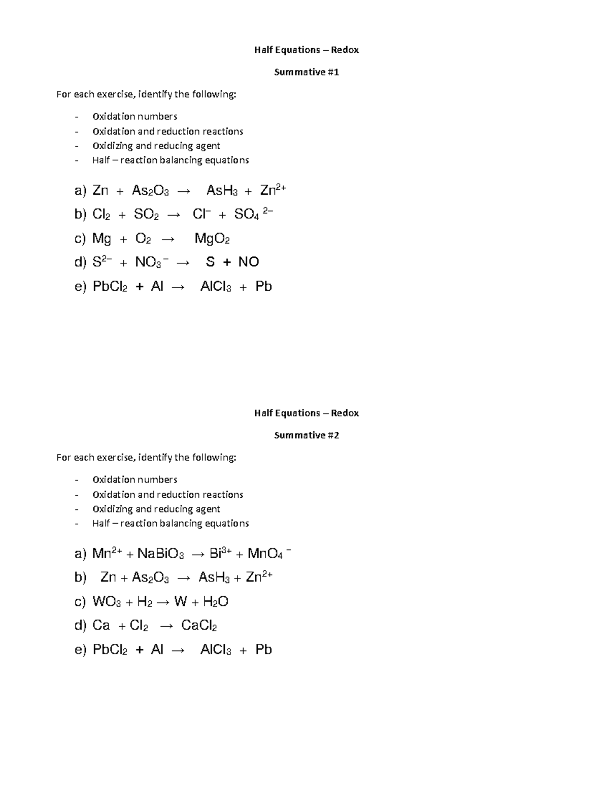 Half Equations Summative - Half Equations – Redox Summative For each ...