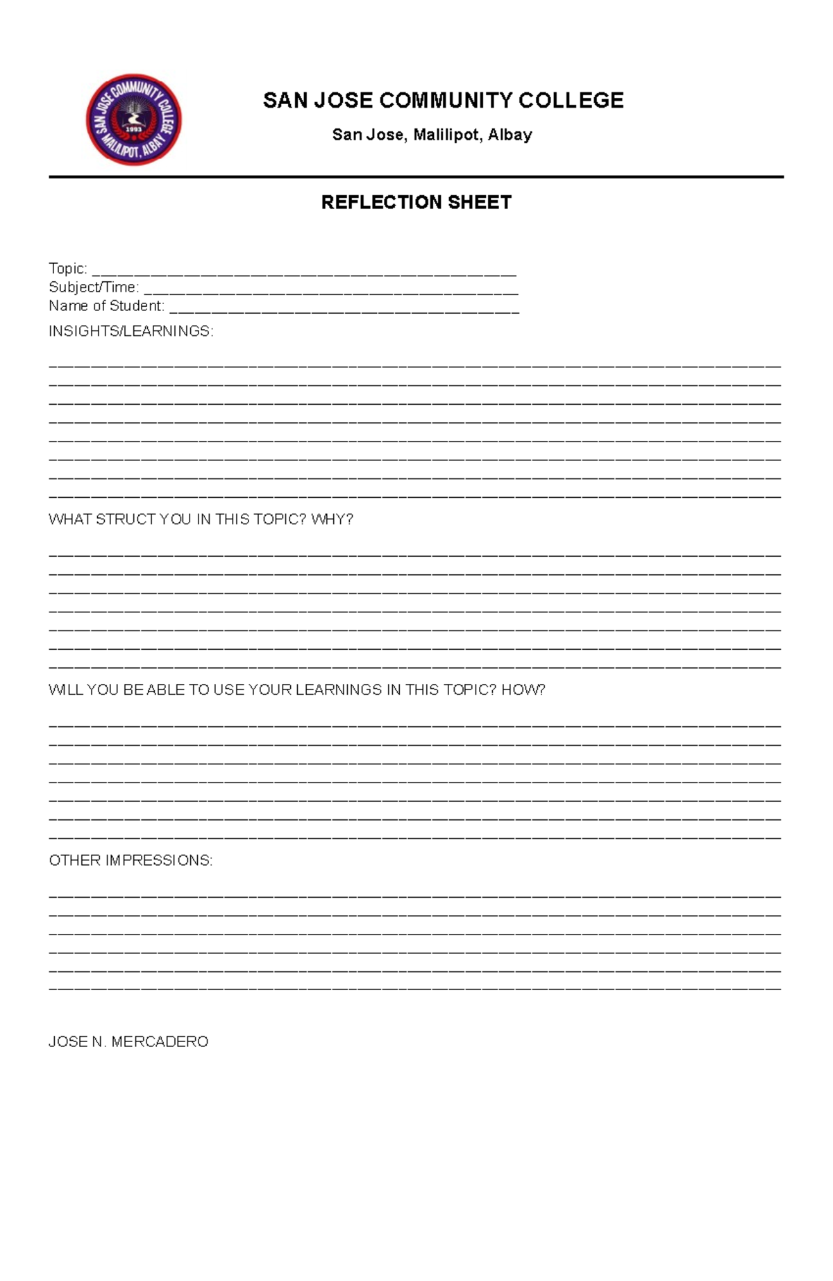Reflection Sheet - for research purposes - SAN JOSE COMMUNITY COLLEGE ...