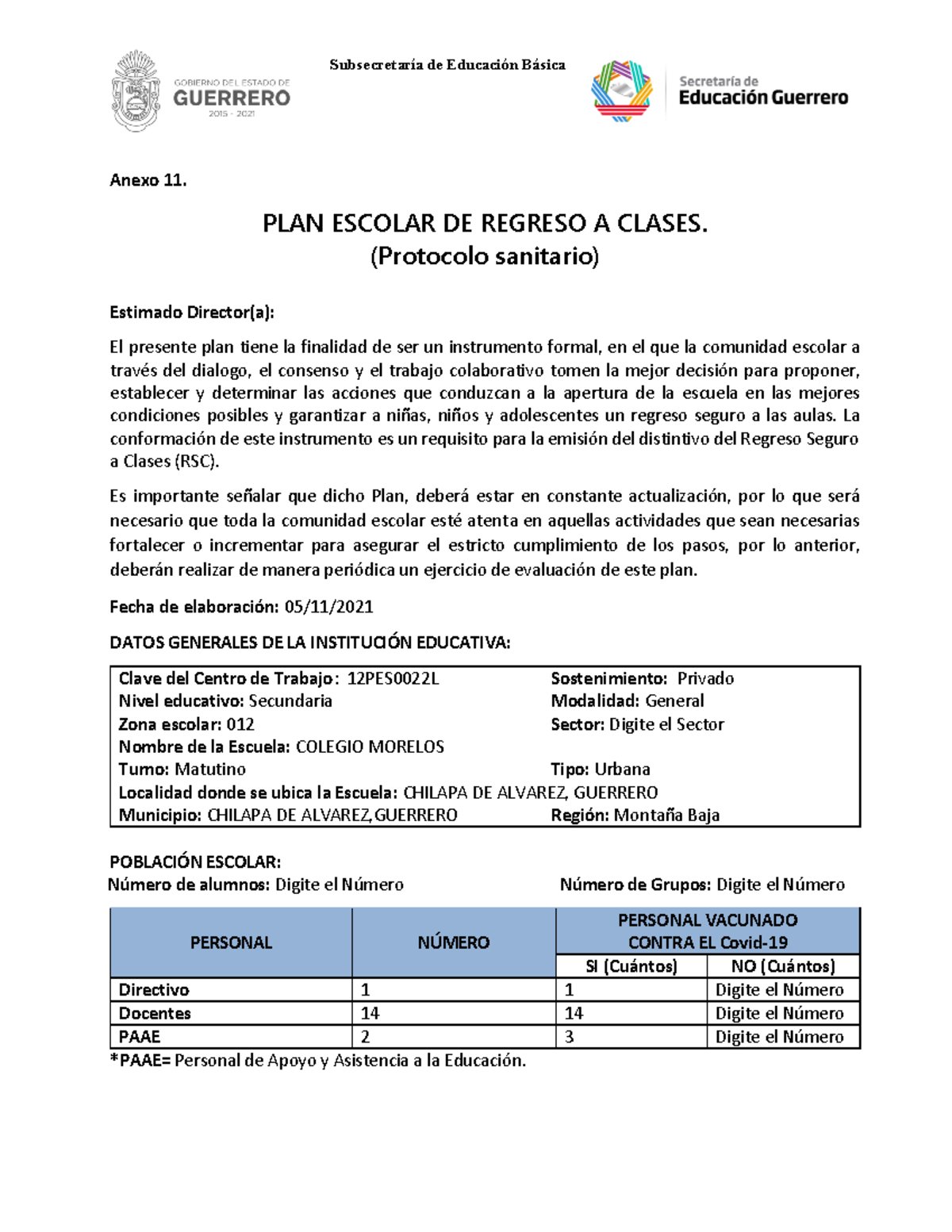 Anexo 11 PLAN Escolar DE Regreso A Clases Morelos - Anexo 11. PLAN ...