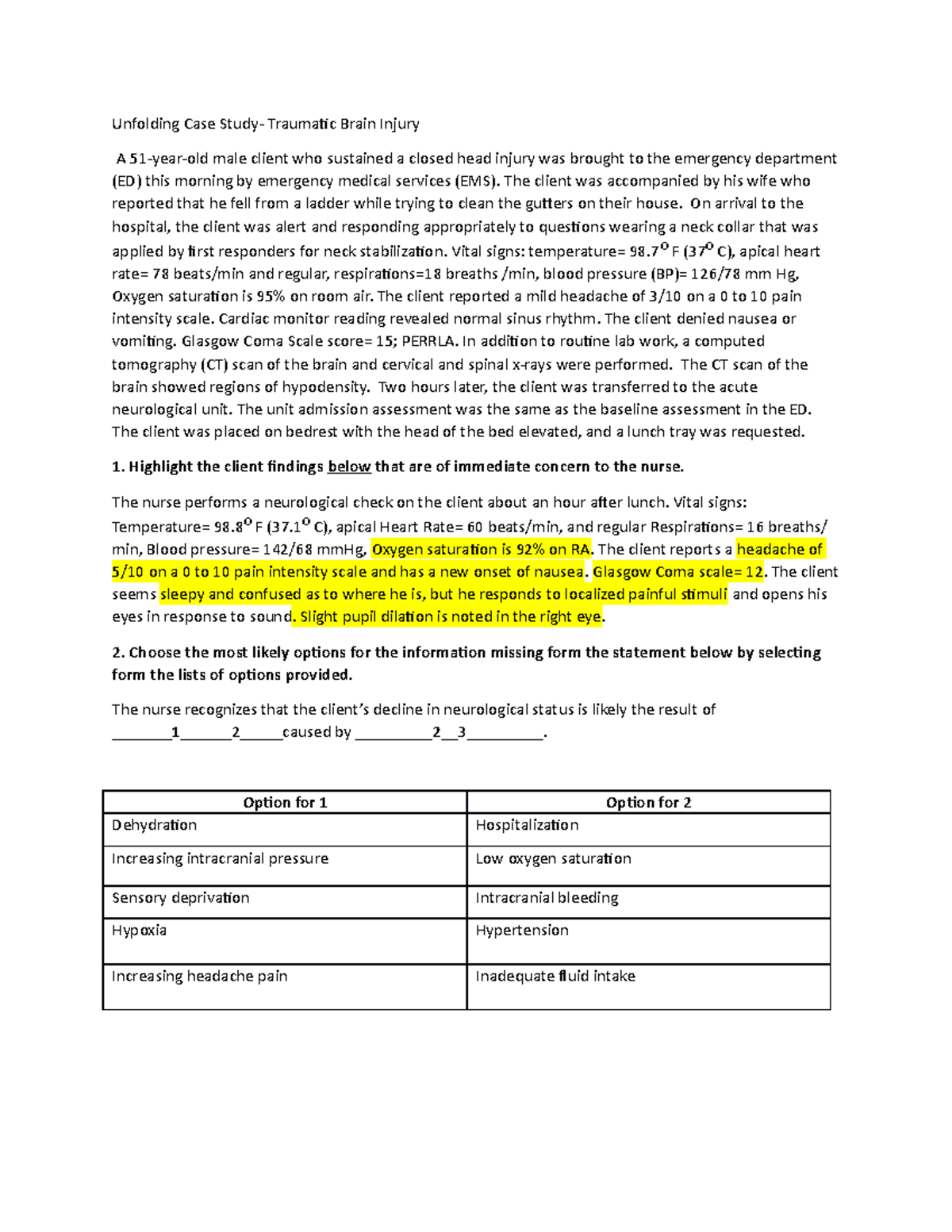 Unfolding Case Study Traumatic Brain Injury - The client was ...