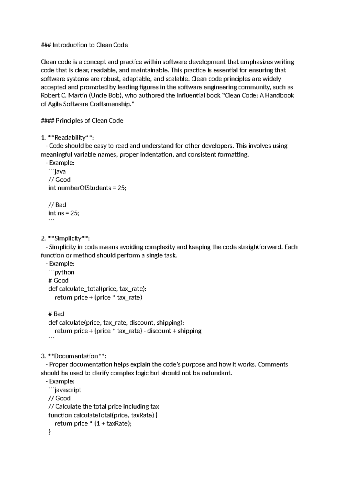 Introcution to Clean Code - Introduction to Clean Code Clean code is a ...