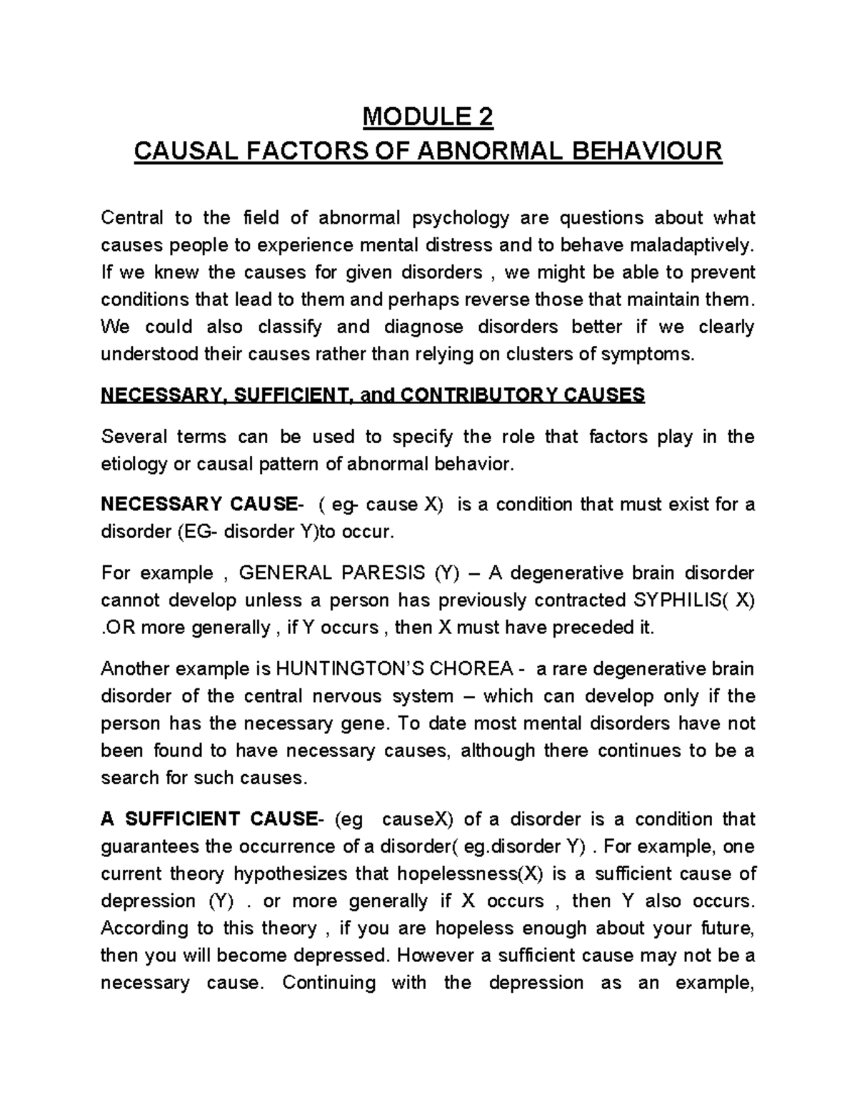 Module 2 AB - Abnormal behaviours - MODULE 2 CAUSAL FACTORS OF ABNORMAL ...