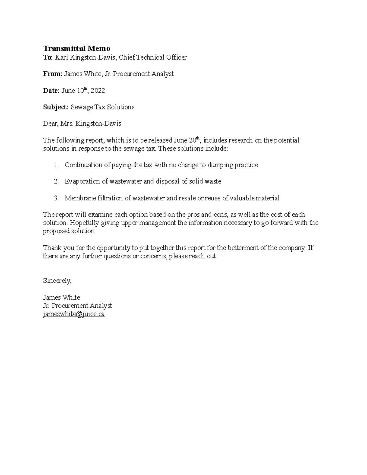 White James - Report Draft - Transmittal Memo To: Kari Kingston-Davis ...