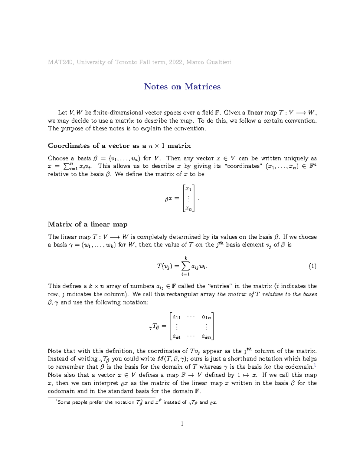 Notes on Matrices - MAT240, University of Toronto Fall term, 2022 ...
