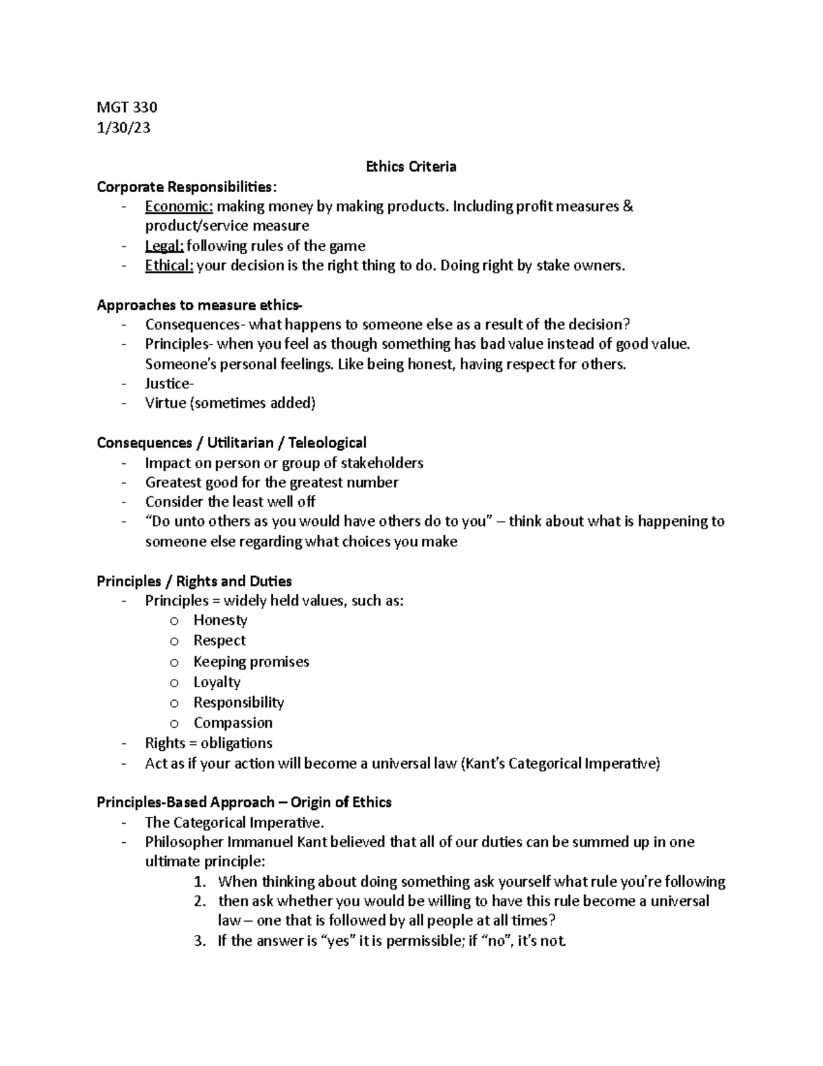 MGT330- Ethics Criteria - MGT 330 1/30/ Ethics Criteria Corporate ...