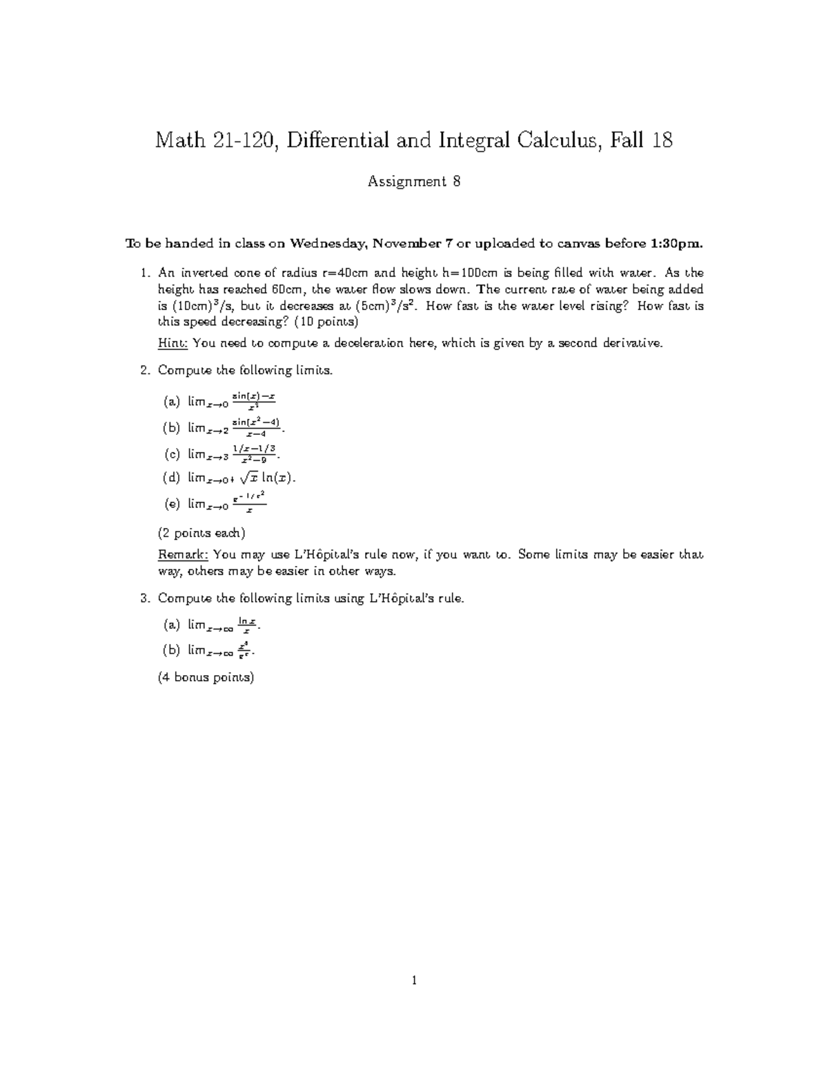 Homework Assignment 8 - Math Differential and Integral Calculus, Fall 18 Assignment 8 To be ...