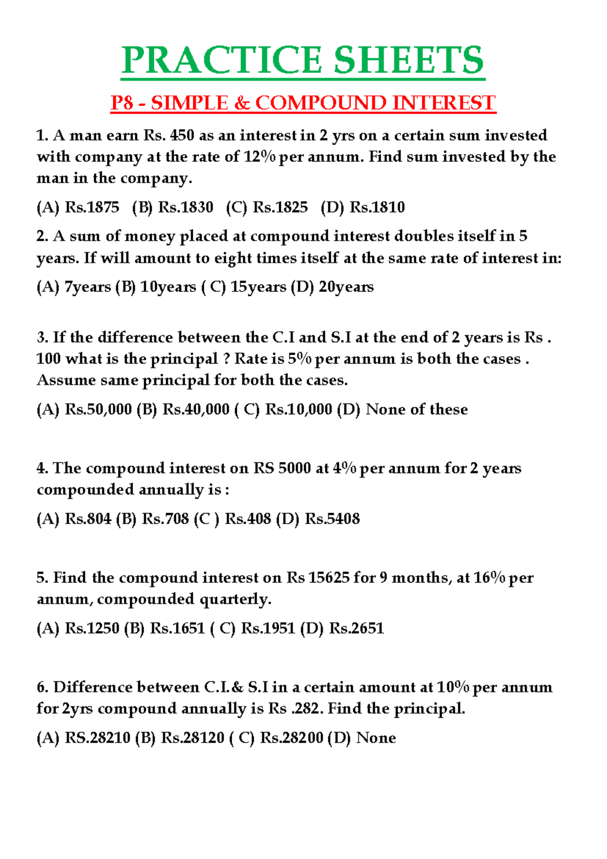 P8 - Simple and Compound Interest - PRACTICE SHEETS P 8 - SIMPLE ...