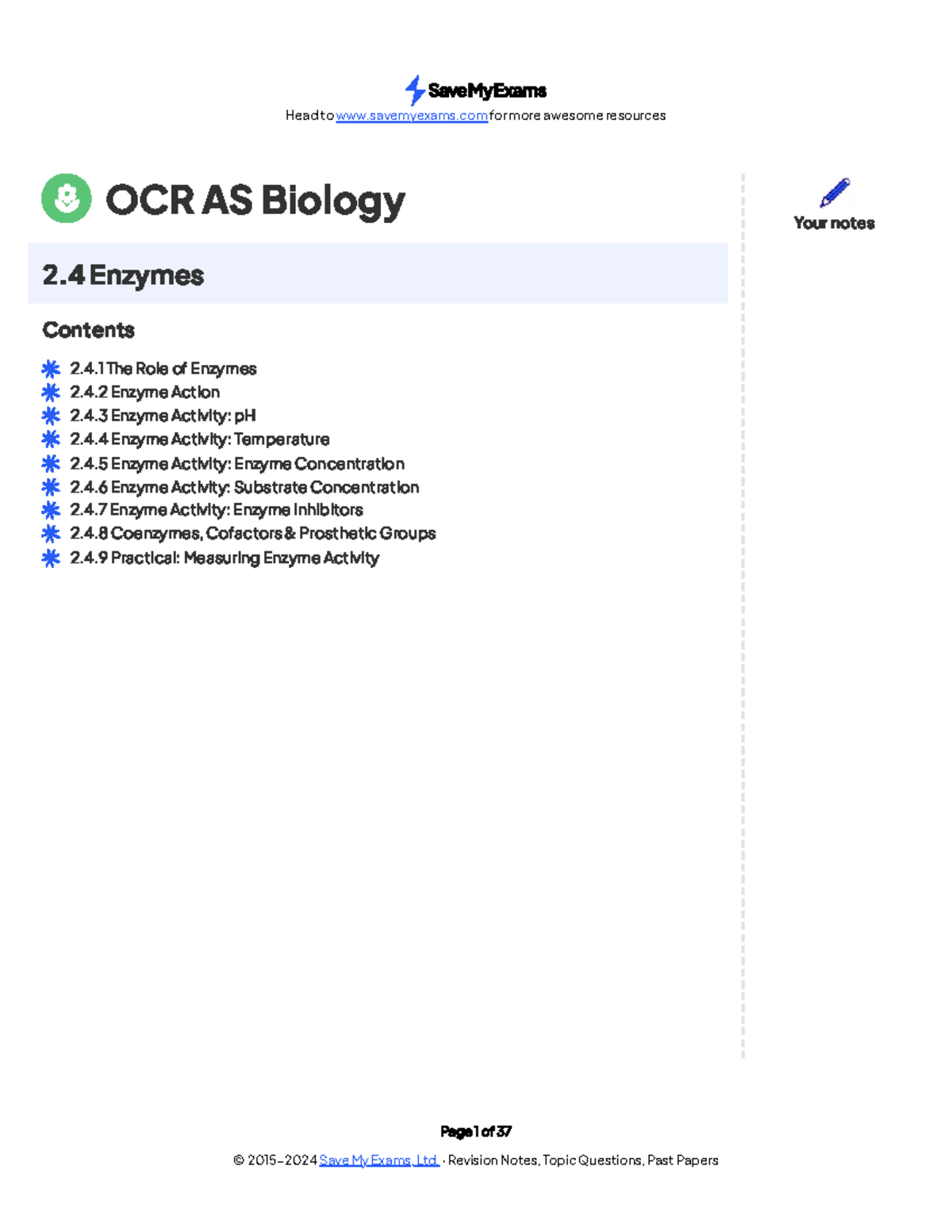 Enzyme revsion notes - Page 1 of 37 OCR AS Biology 2 Enzymes Contents 2 ...