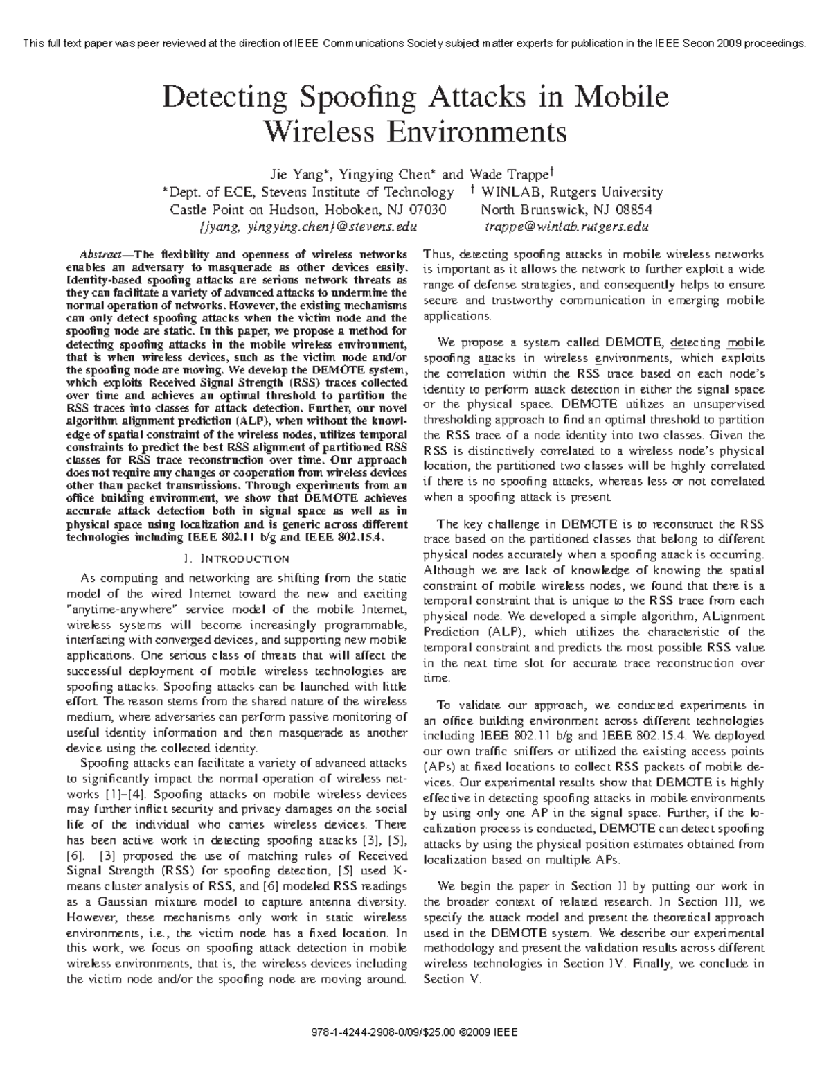 Detecting Spoofing Attacks In Mobile Wireless Environments 2009 Detecting Spoofing Attacks In