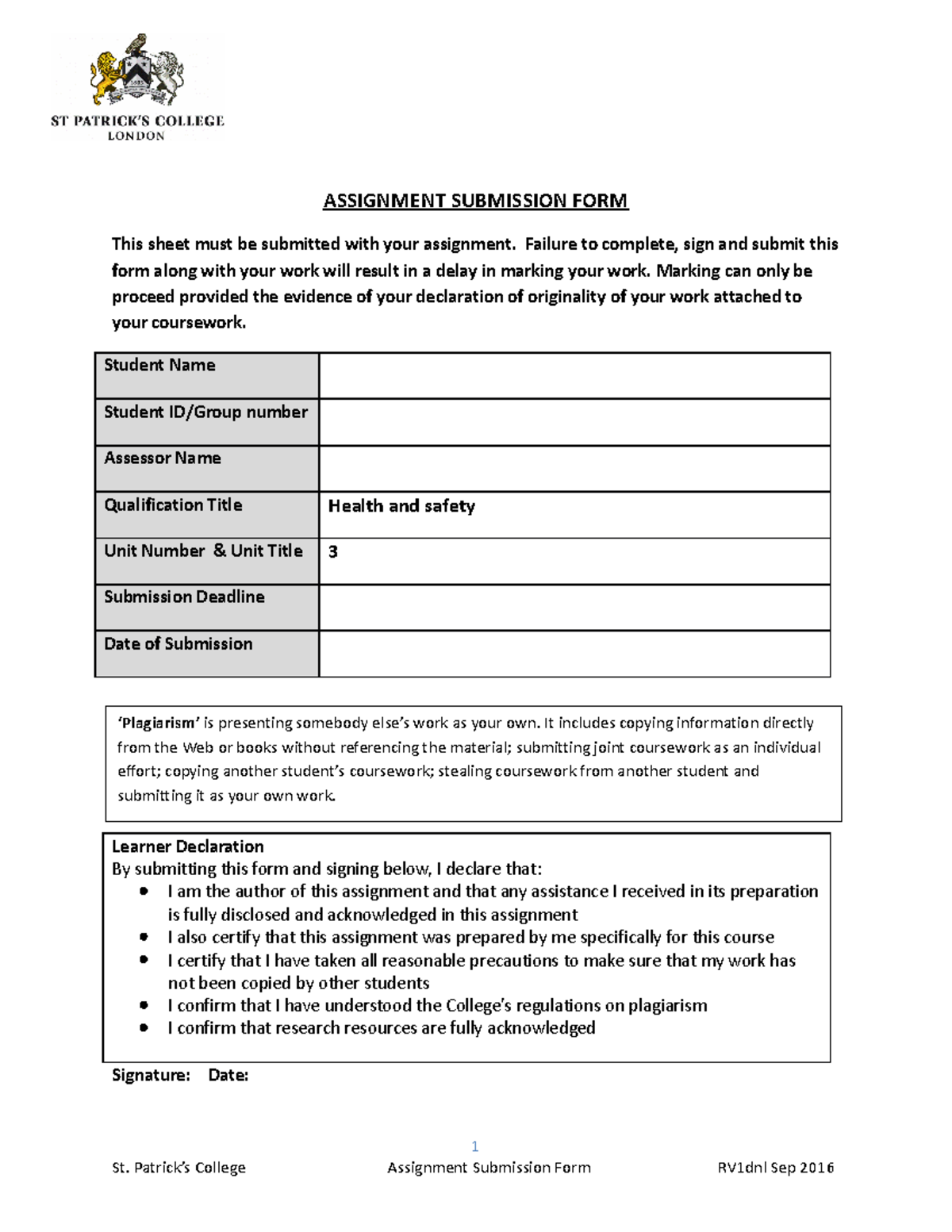 1R-HS Sample Essay in health and safety - ASSIGNMENT SUBMISSION FORM ...