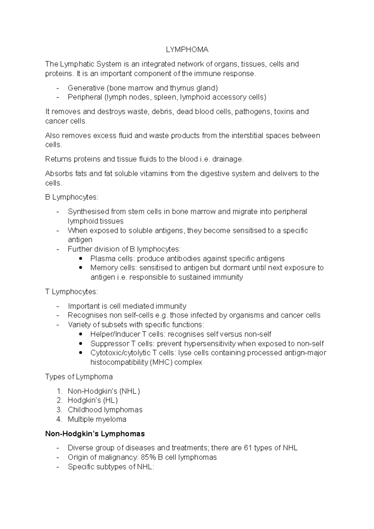 Lymphoma - Concise notes with any extra information given in lecture ...