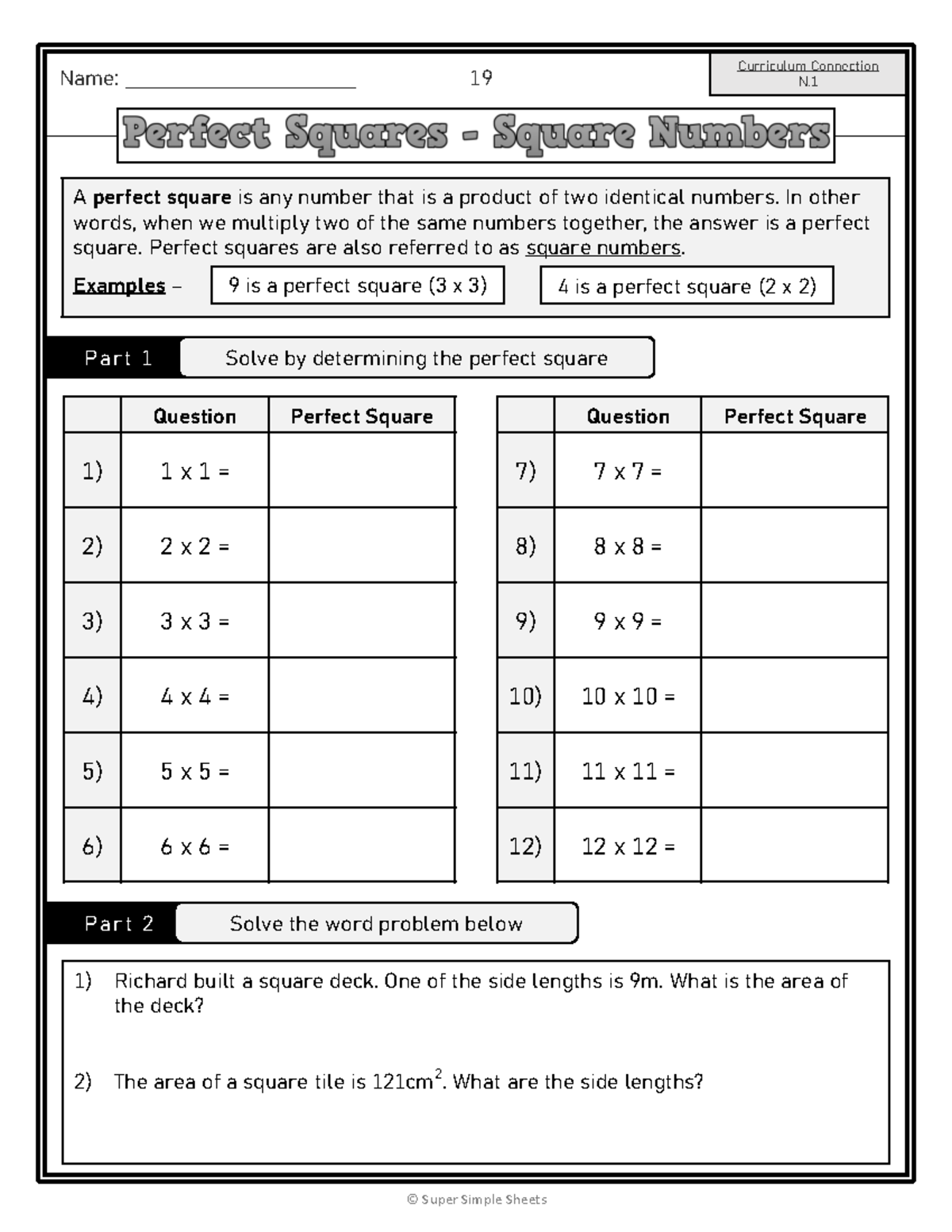 Gursean Hans - Perfect Square Work Sheet - Curriculum Connection N ...