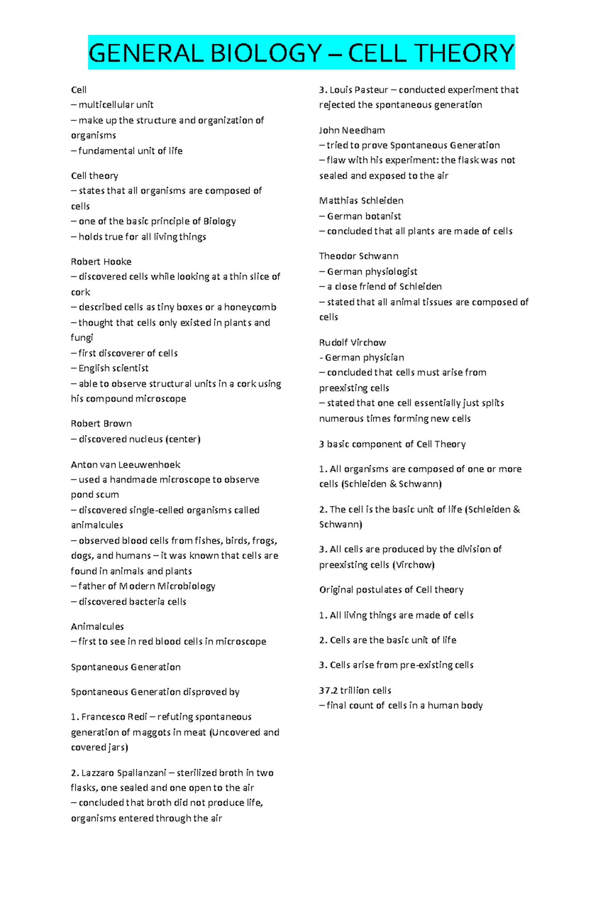 General Biology 1 - GENERAL BIOLOGY – CELL THEORY Cell multicellular ...