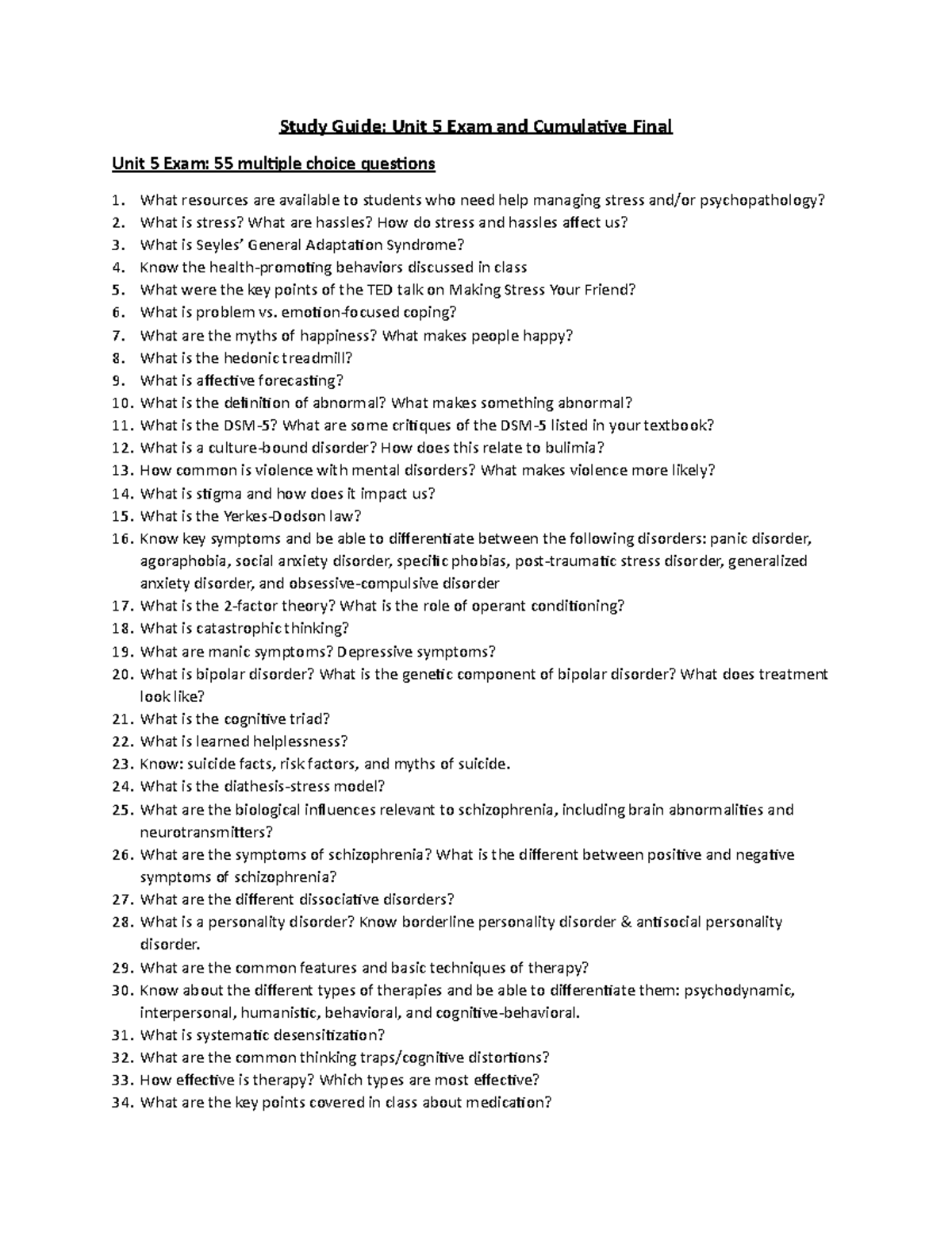 Study Guide for Unit 5 Exam and Cumulative Final Exam - Study Guide ...