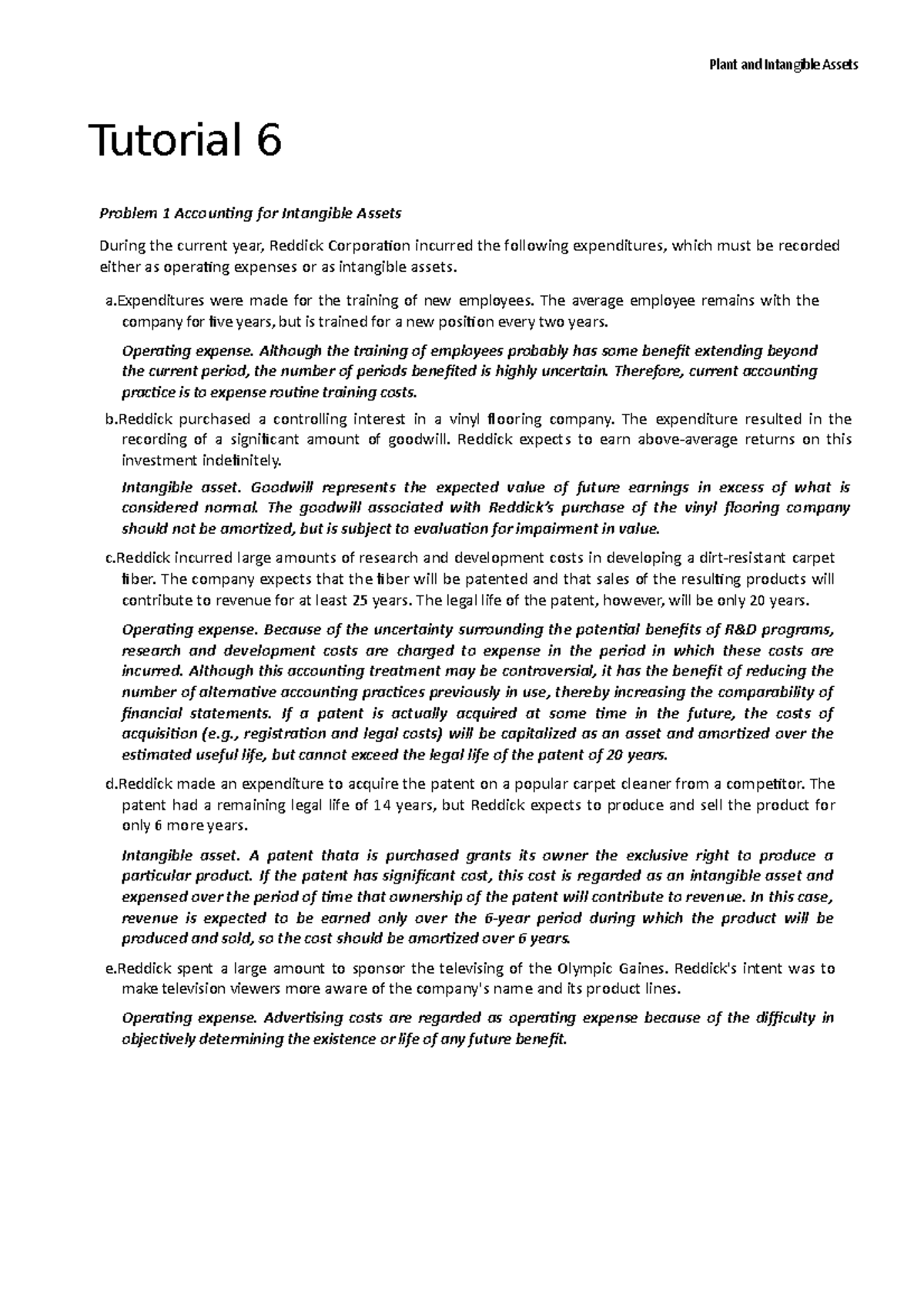 Solution 6 - Tutorial 6 Problem 1 Accounting for Intangible Assets ...