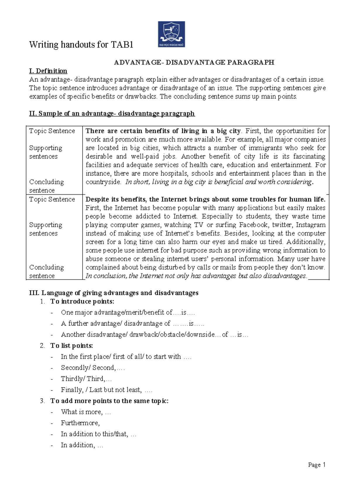 Writing Handout Advantage Disadvantage Paragraph - ADVANTAGE ...