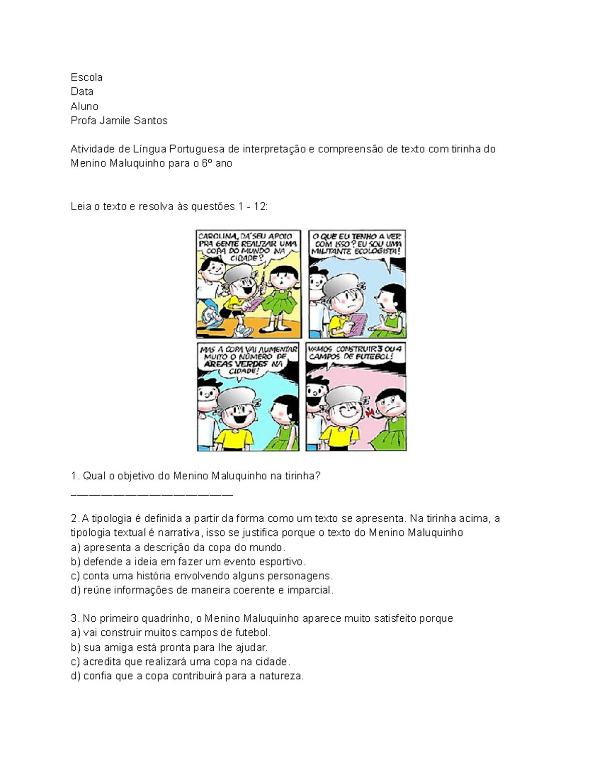 Atividade de Língua Portuguesa de interpretação e compreensão de texto ...