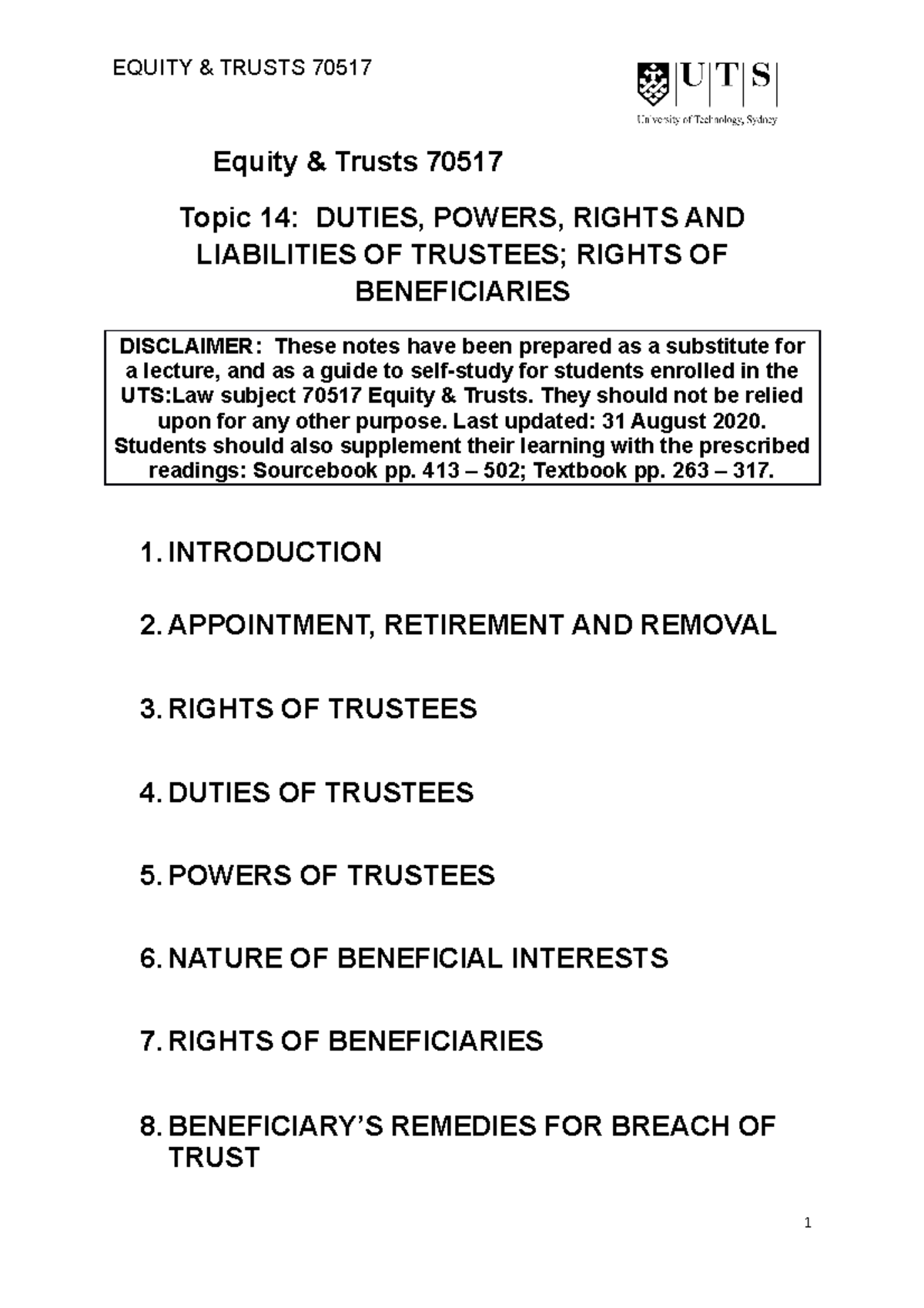 Topic 14 - Trustee Duties Powers (Full Lecture Notes) - Equity & Trusts ...