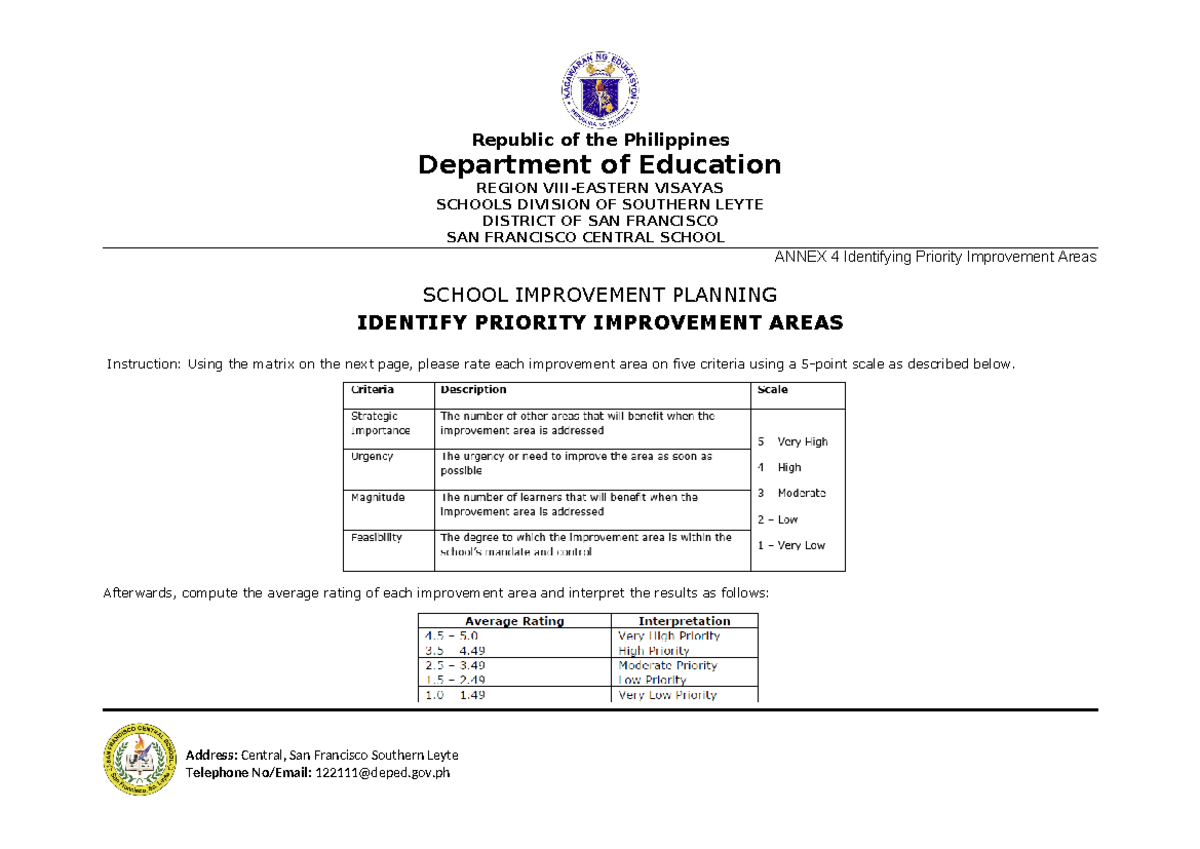 Annex 4 Identifying Priority Improvement Areas - Republic of the ...