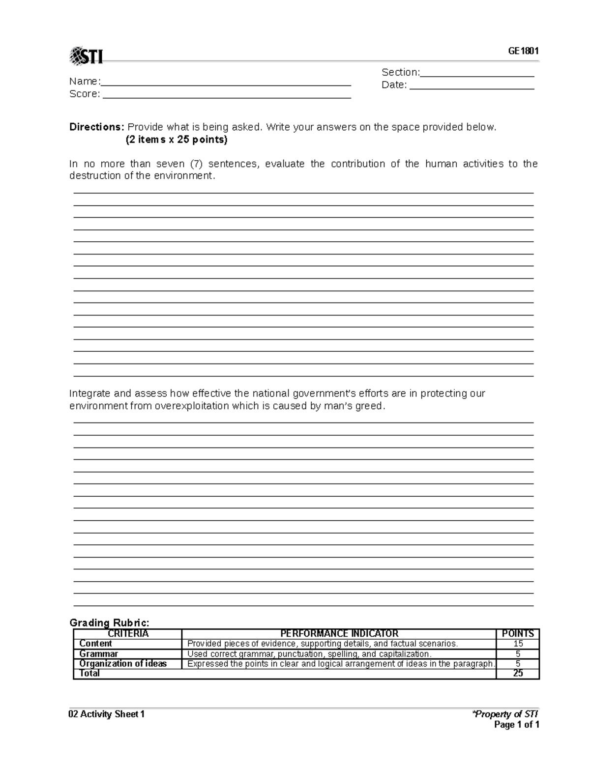 02 Activity Sheet 1 - hii - Name: Score: GE Section: Date: Directions ...