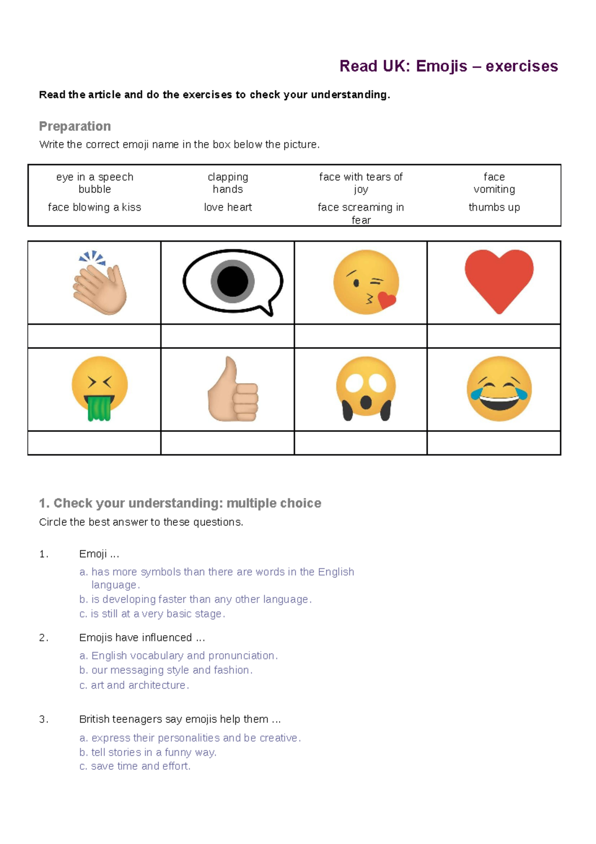 Emojis - exercises - Text - Read UK: Emojis – exercises Read the ...