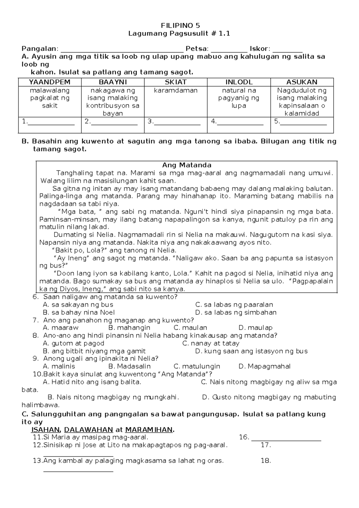 Filipino 5 ST 1 - SUMMATIVE TEST - FILIPINO 5 Lagumang Pagsusulit # 1 ...