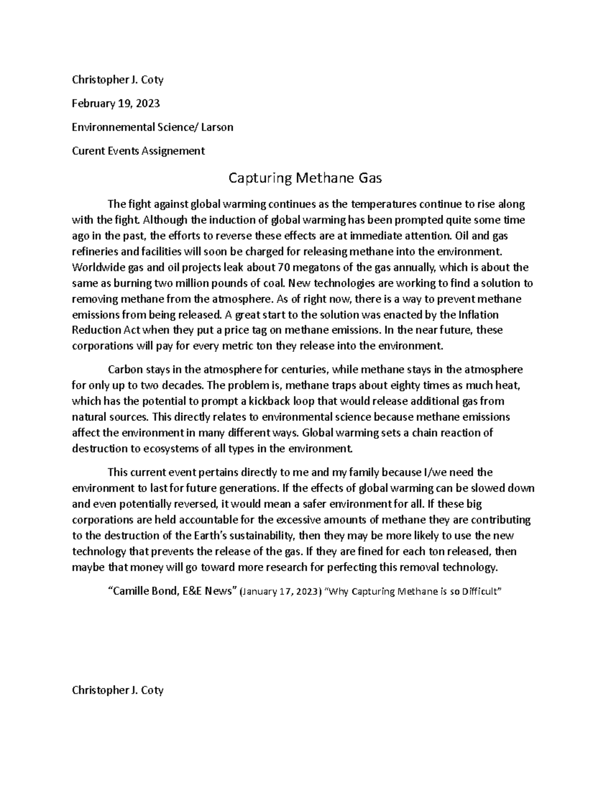 Current events methane gas - Christopher J. Coty February 19, 2023 ...