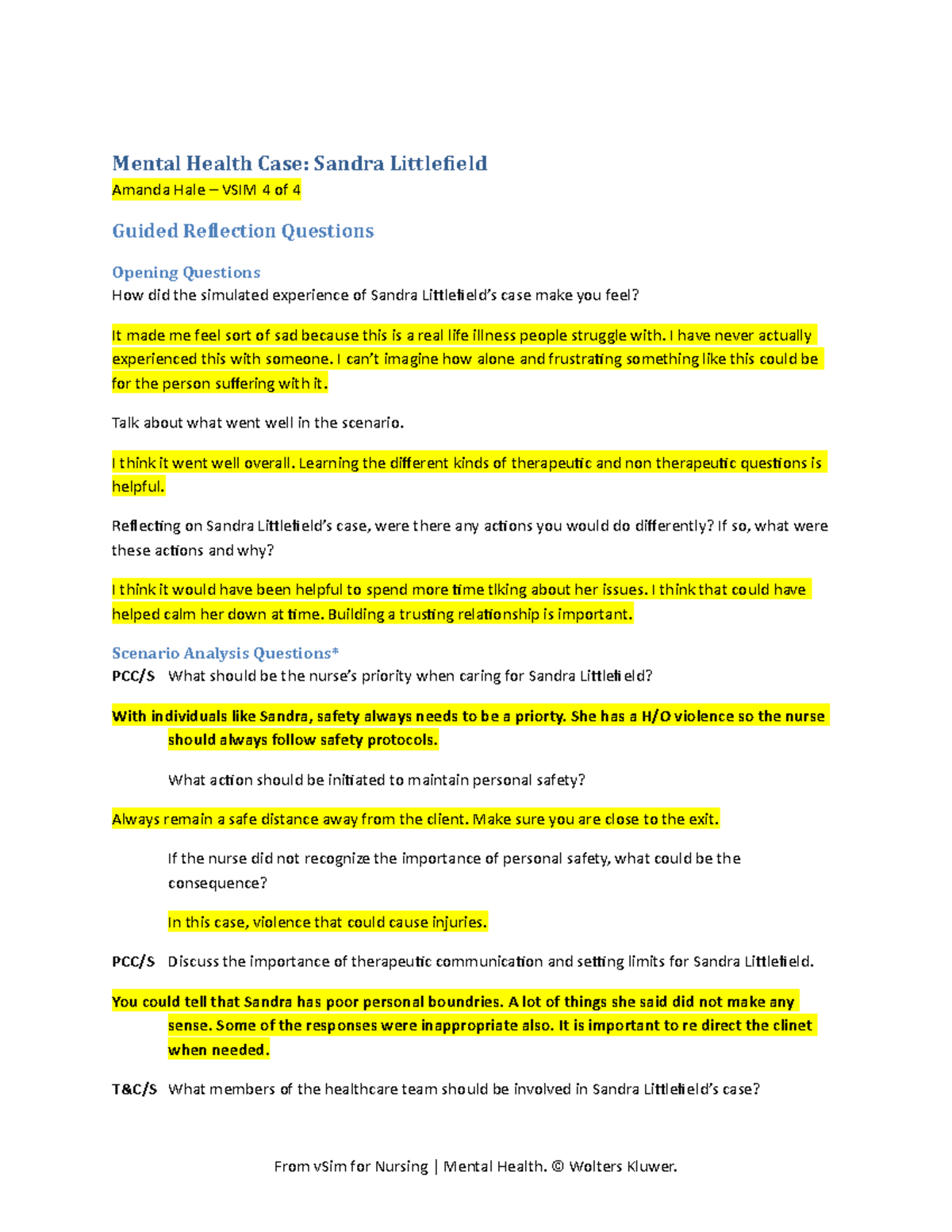 VSim 4 of 4 - Vsim - Mental Health Case: Sandra Littlefield Amanda Hale – VSIM 4 of 4 Guided ...