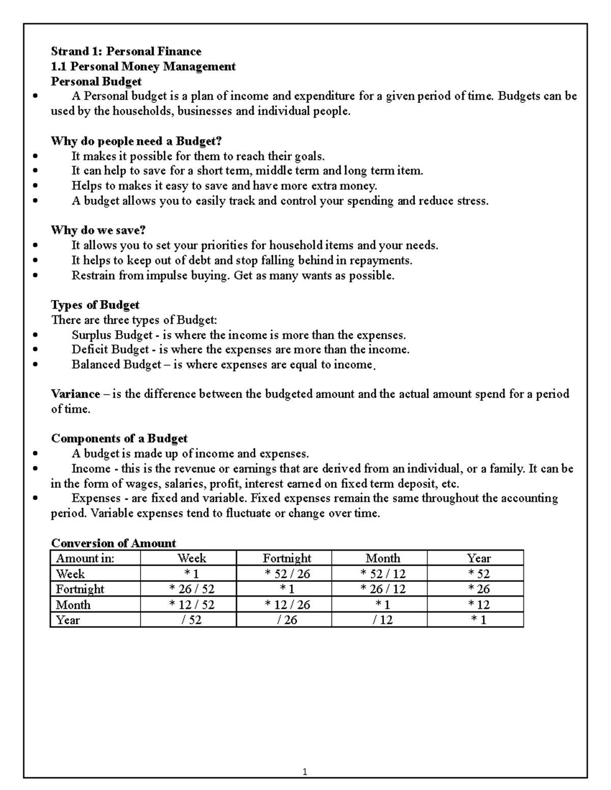 Lesson Notes Y11 Accounting Strand 1 - Strand 1: Personal Finance 1 ...