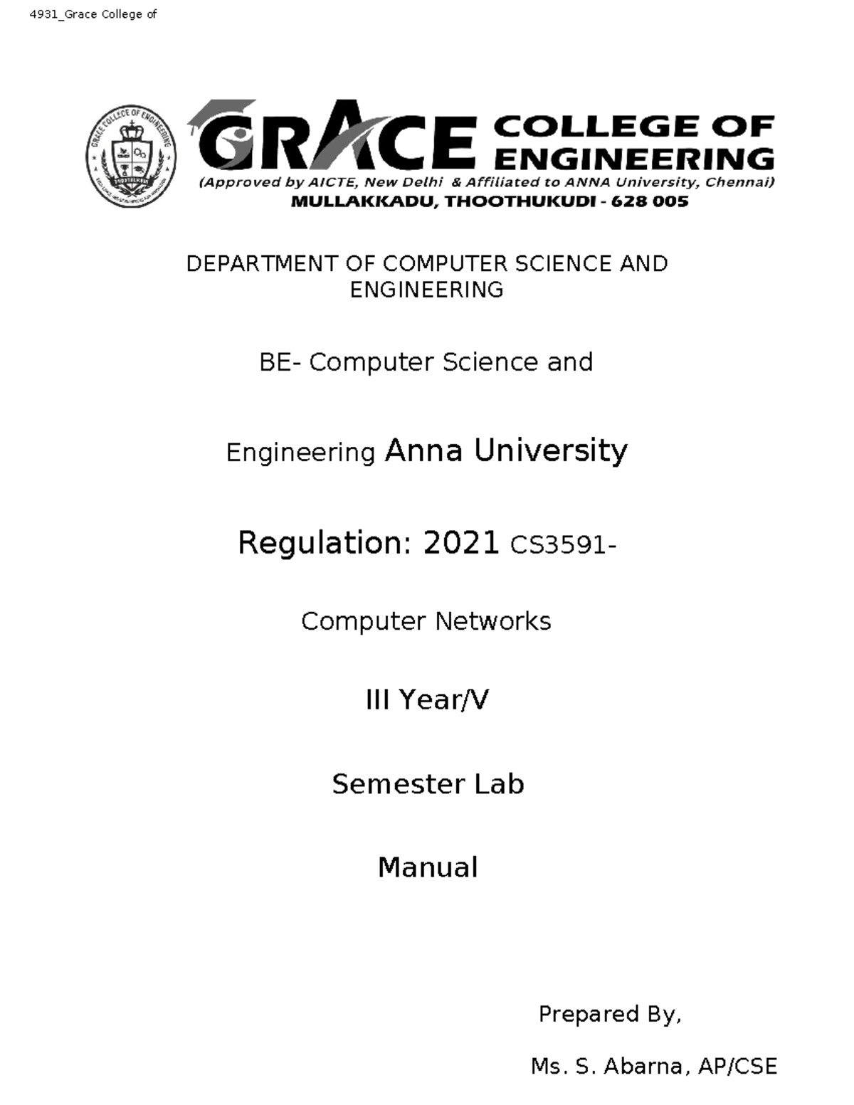 V Cse Cs3591 Cn Lab Manual Engineering Thoothukudi Department Of Computer Science And
